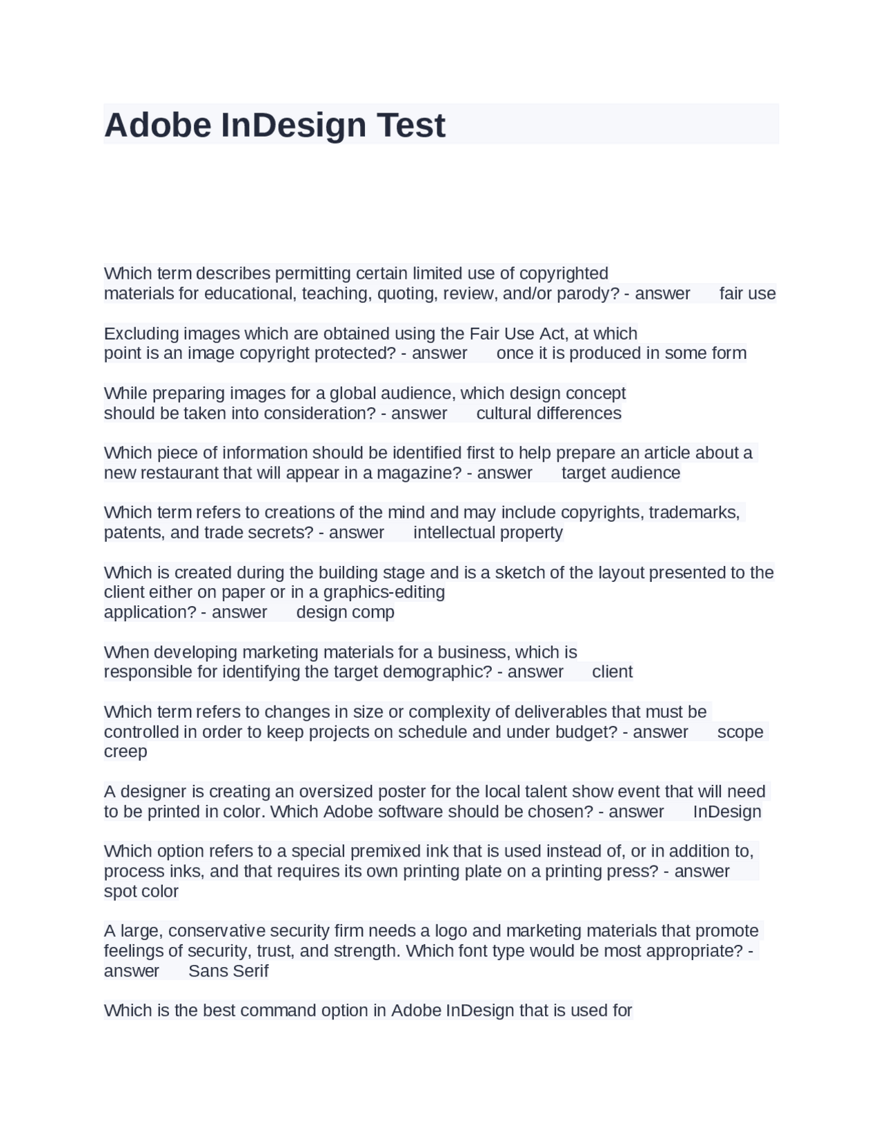 Adobe InDesign Test Questions with Accurate Answers | Exams Advanced ...