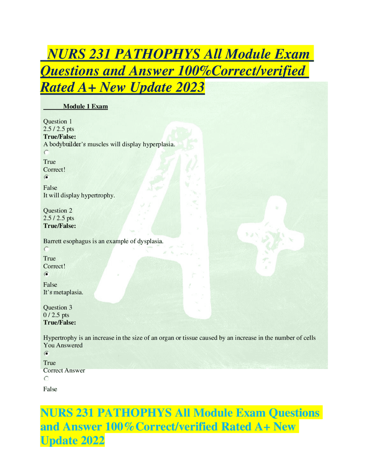 NURS 231 PATHOPHYS All Module Exam Questions and Answer 100%Correct ...