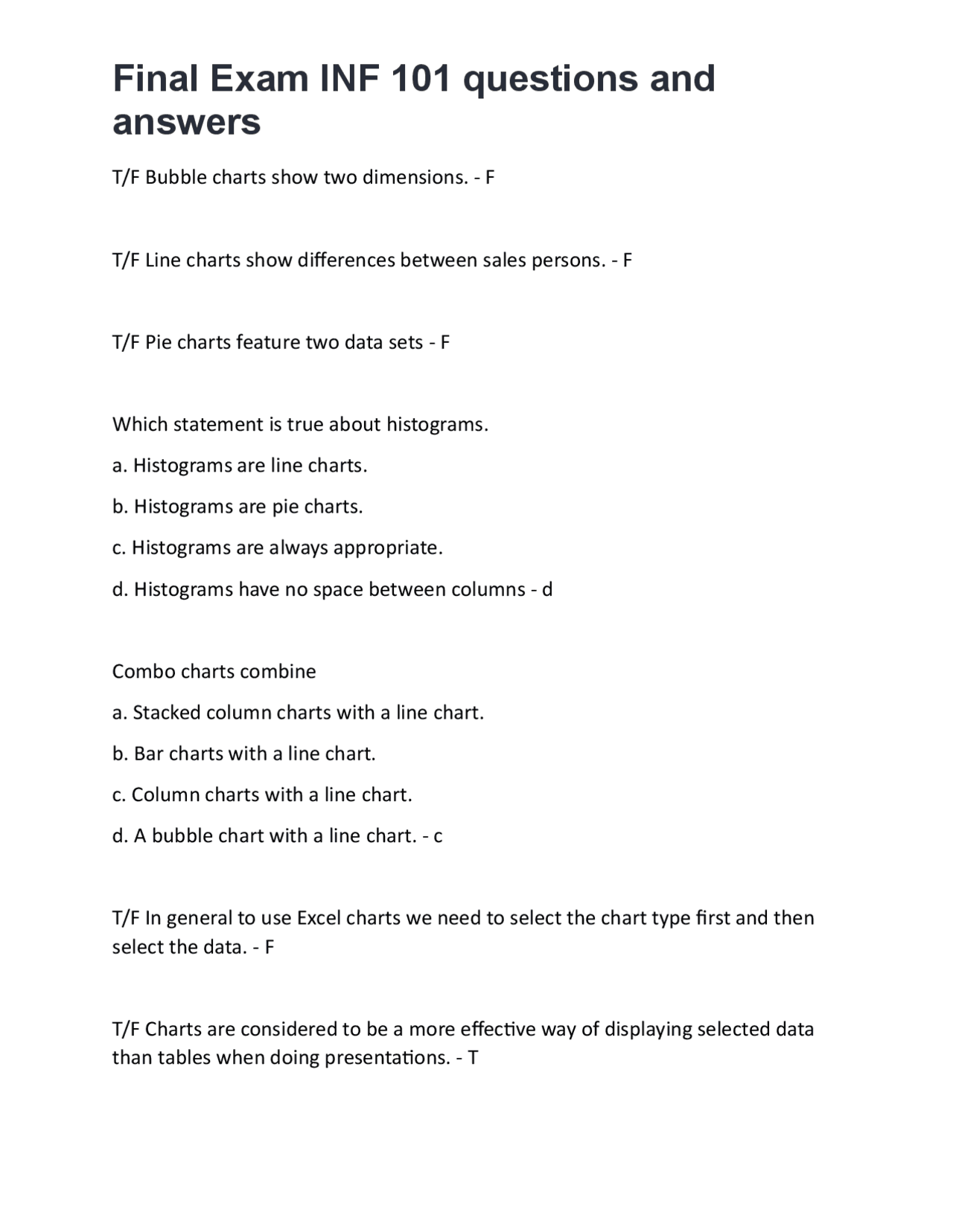 INF 101 Final Exam: Data Visualization, Excel Functions, and PowerPoint ...