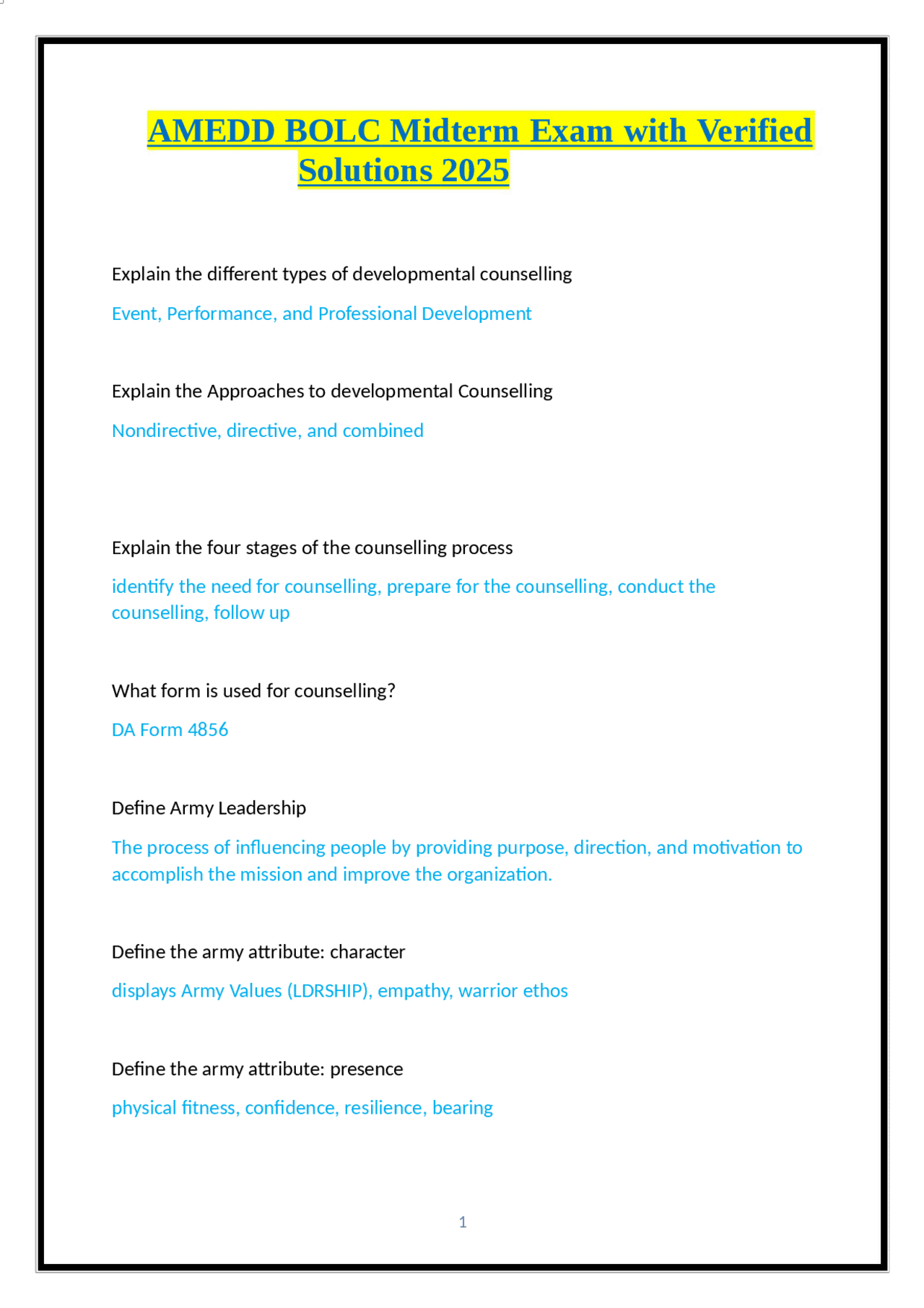 AMEDD BOLC Midterm Exam Guide: Leadership, Personnel, Operations ...
