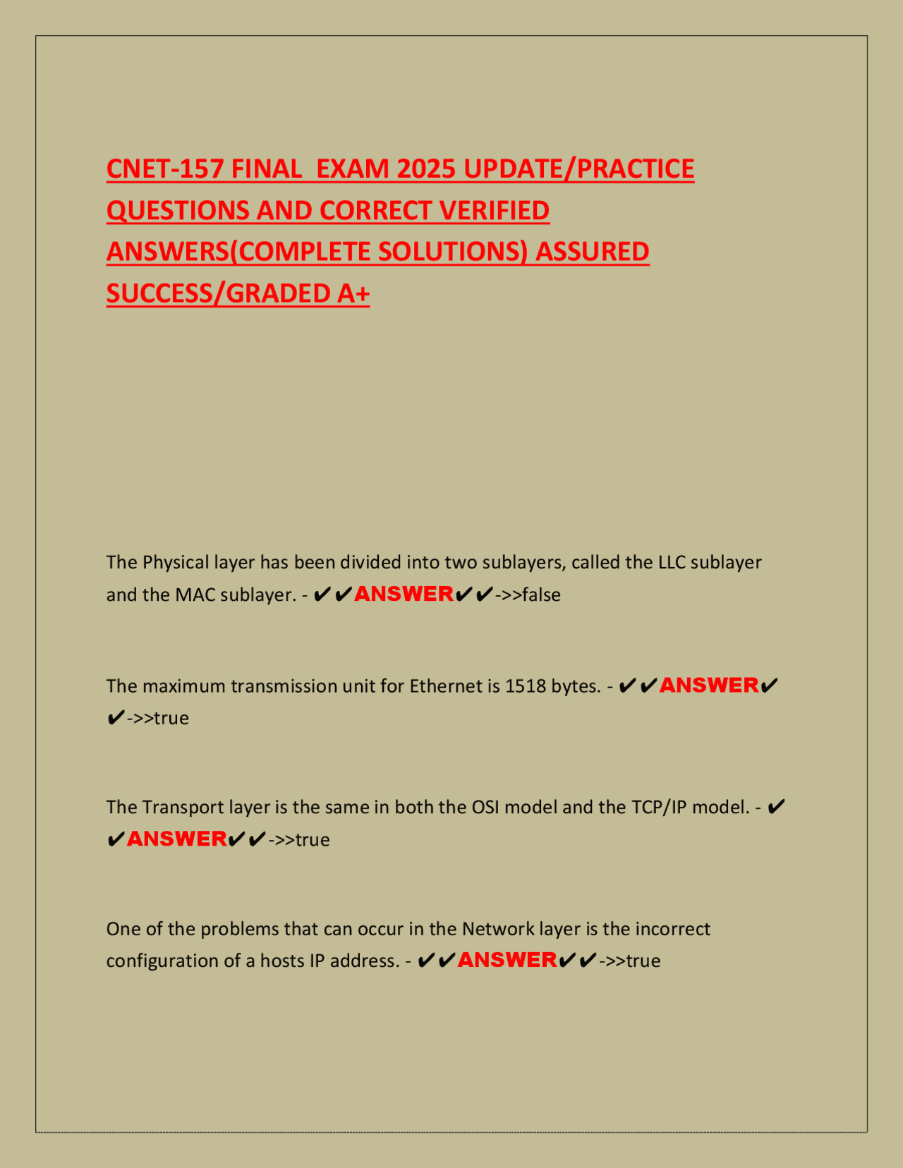 Networking Fundamentals: Practice Questions and Answers | Exams Nursing | Docsity
