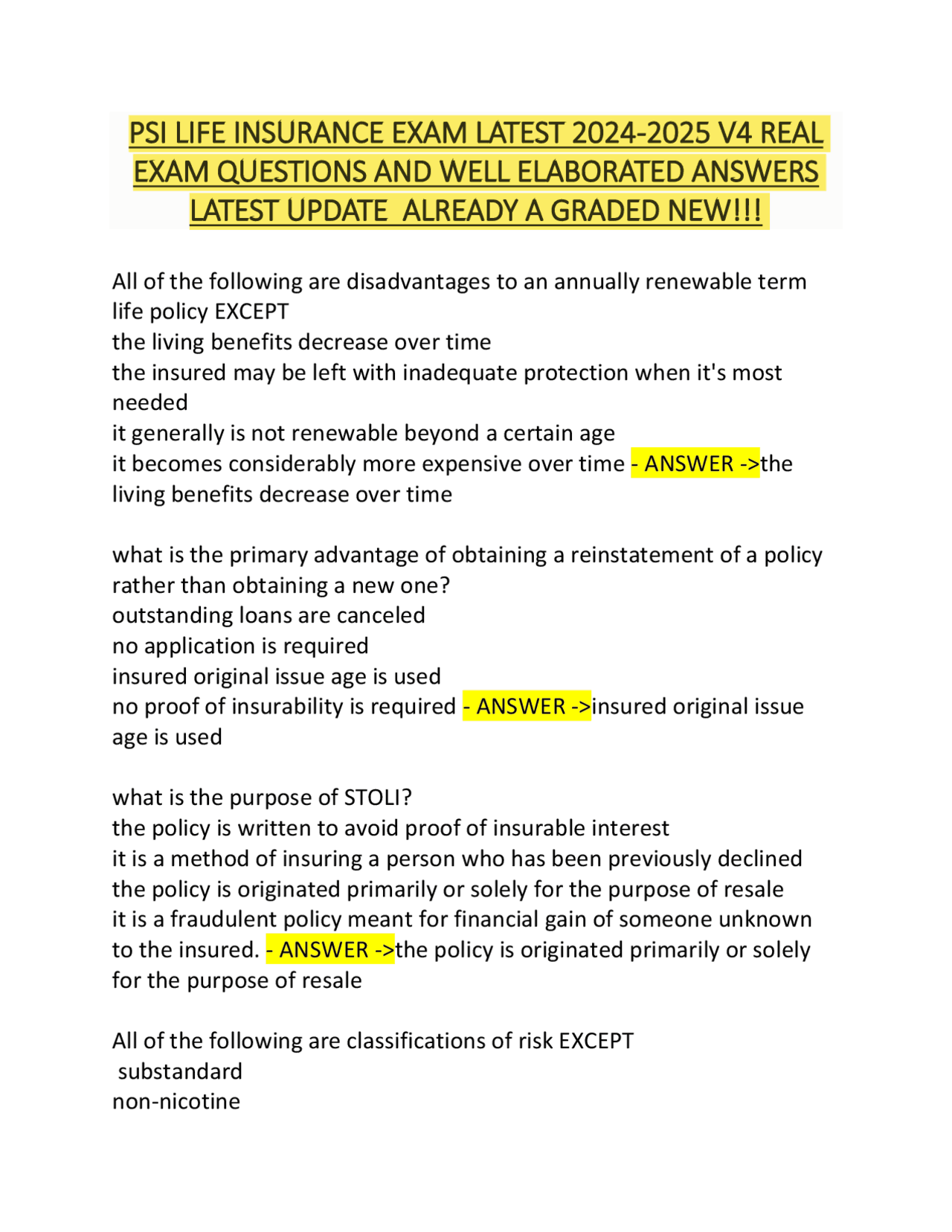 PSI LIFE INSURANCE EXAM LATEST 2025-2026 REAL EXAM QUESTIONS AND WELL ...