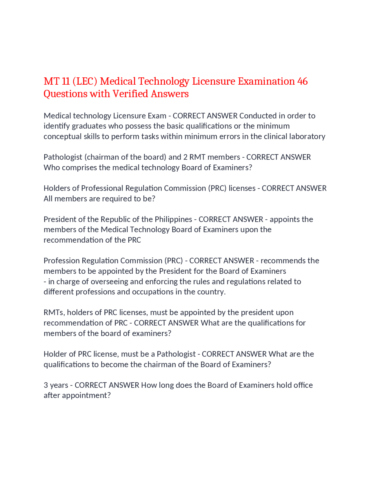 MT 11 (LEC) Medical Technology Licensure Examination 46 Questions with ...