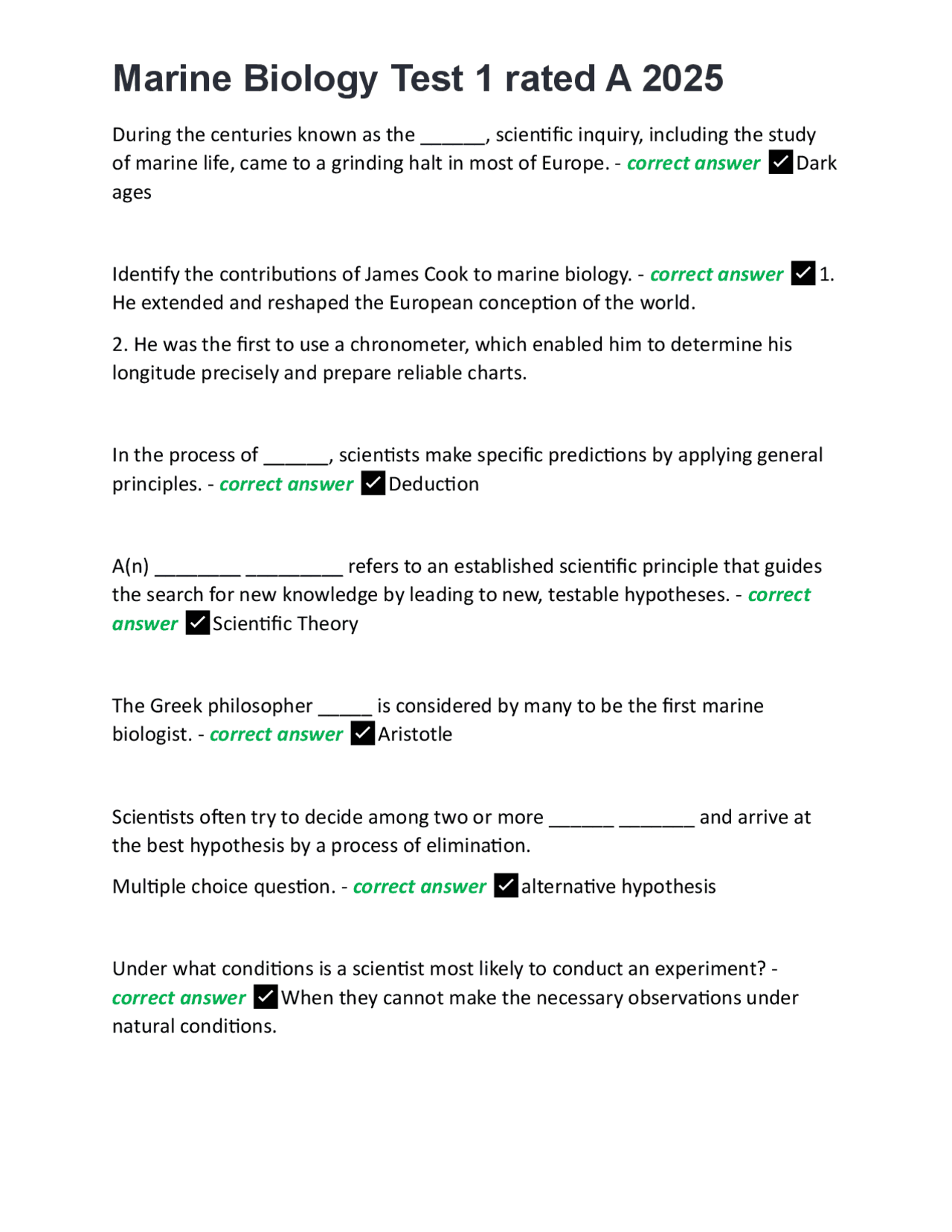 Marine Biology Test 1: Questions and Answers | Exercises Marine Science ...