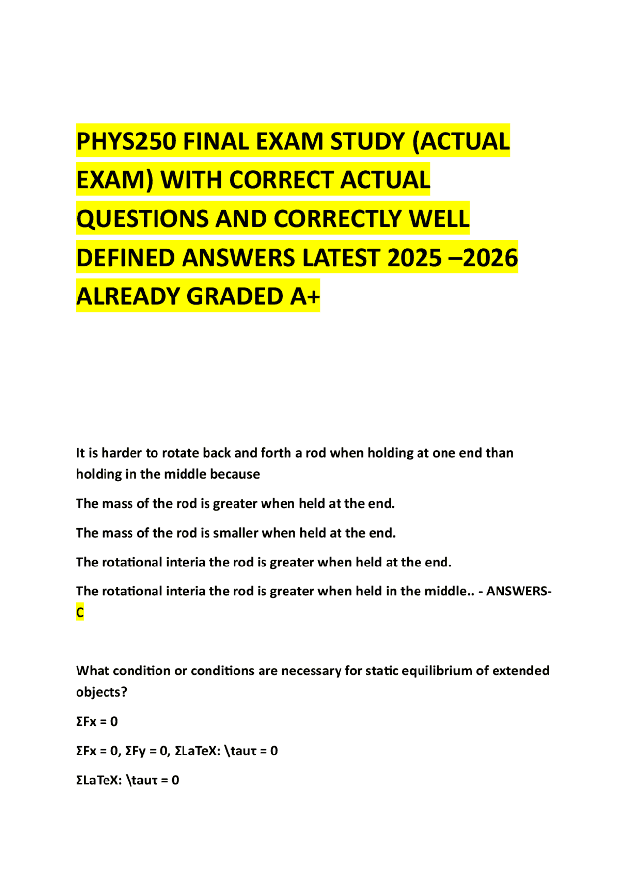 PHYS250 FINAL EXAM STUDY (ACTUAL EXAM) WITH CORRECT ACTUAL QUESTIONS | Exams Physics | Docsity