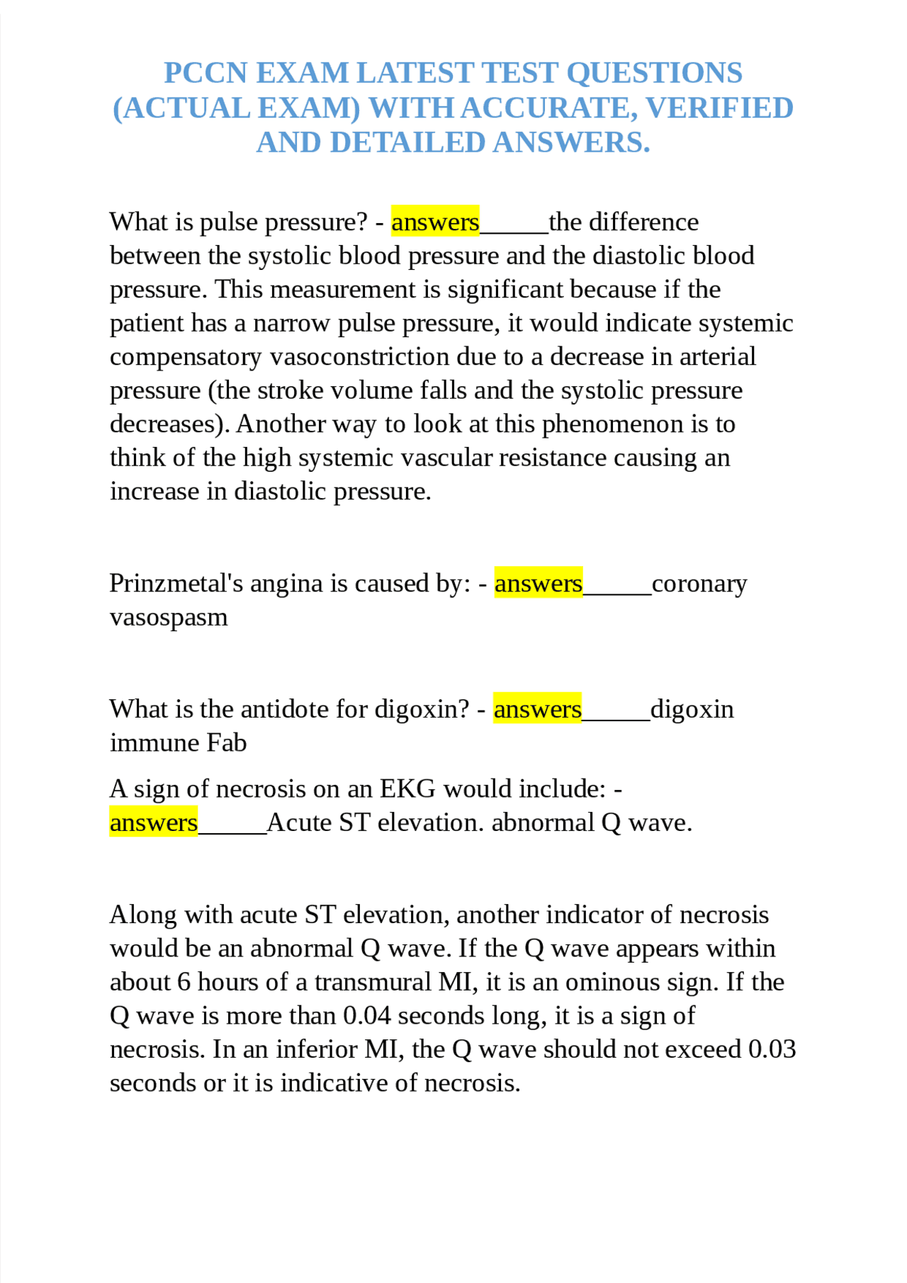 PCCN EXAM LATEST TEST QUESTIONS (ACTUAL EXAM) WITH ACCURATE, VERIFIED ...