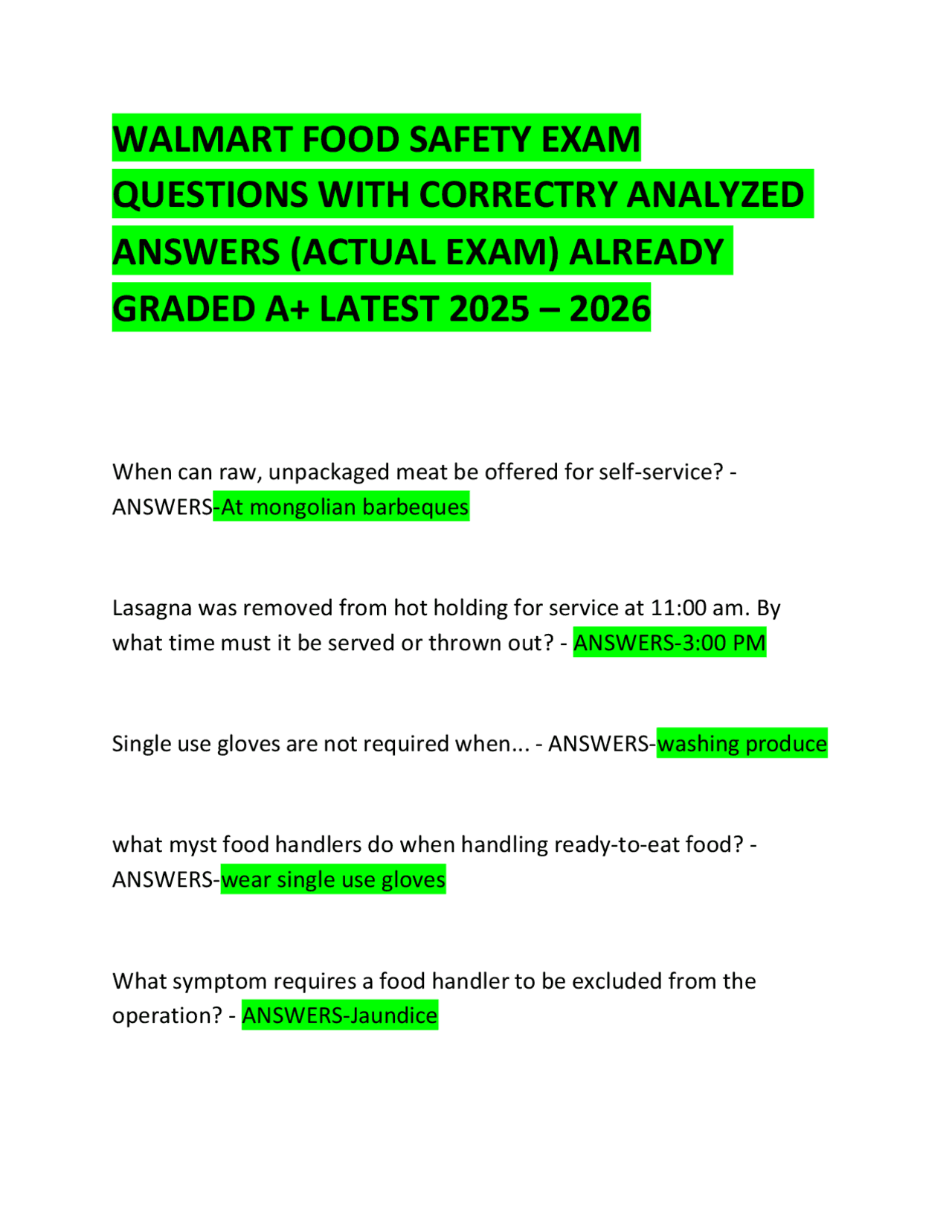 WALMART FOOD SAFETY EXAM QUESTIONS WITH CORRECTRY ANALYZED ANSWERS ...