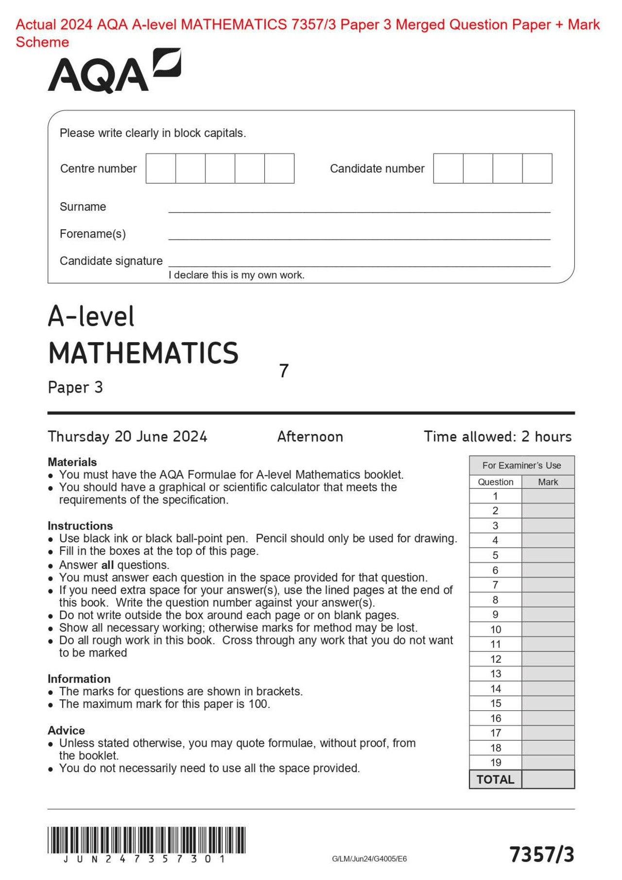 Actual 2024 AQA A-level MATHEMATICS 7357/3 Paper 3 Merged Question Paper + Mark Scheme Act ...