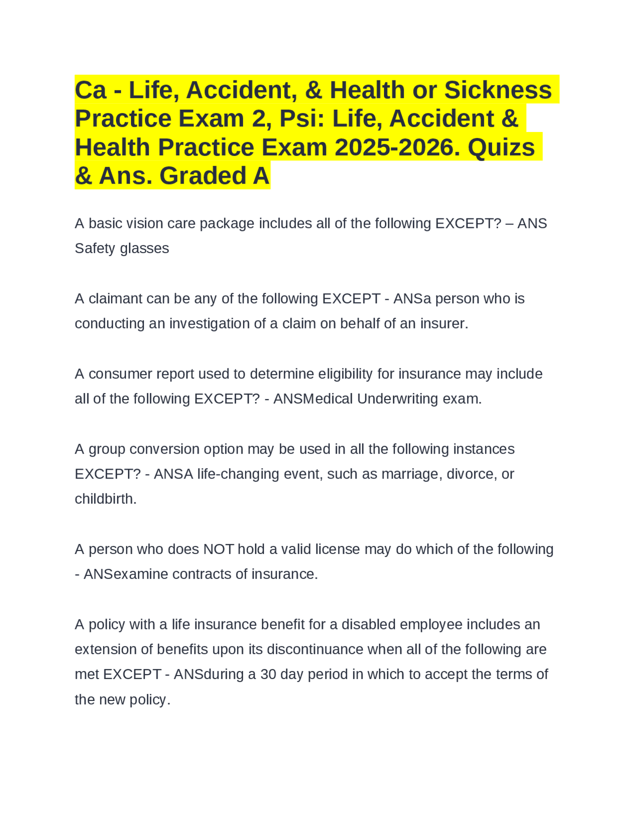 Ca - Life, Accident, & Health or Sickness Practice Exam 2, Psi: Life ...
