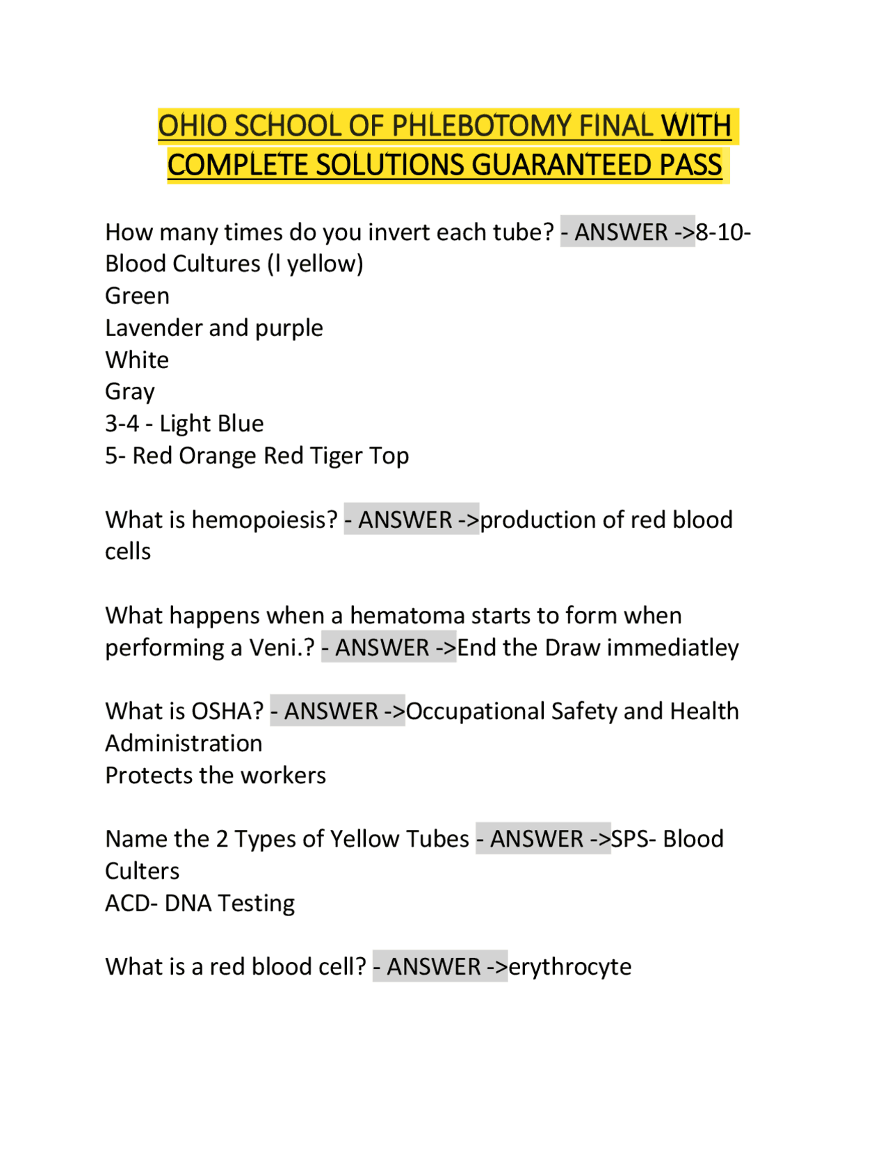 Phlebotomy Q&A for Students: Comprehensive Guide with Answers | Exams ...