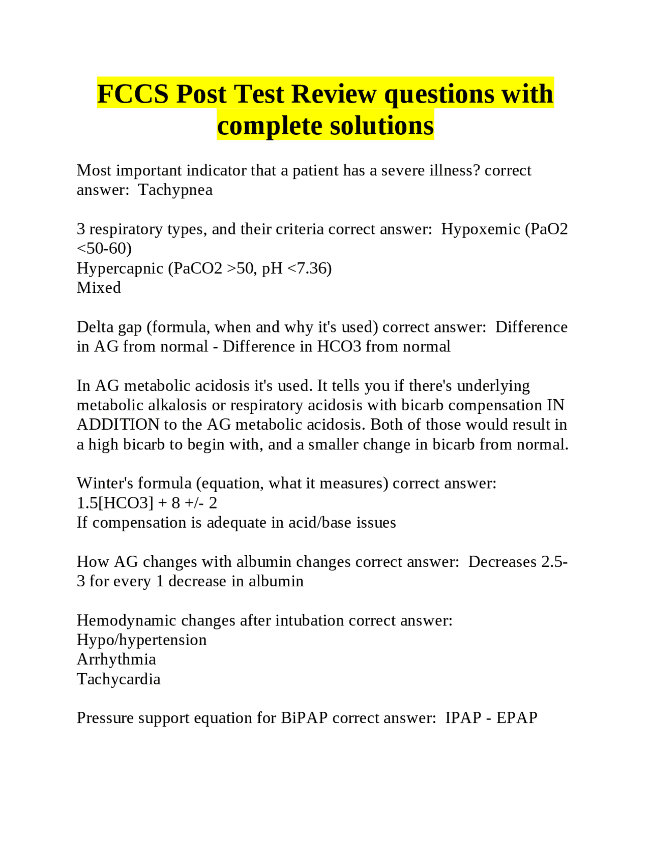 FCCS Post Test Review questions with complete solutions | Exams Nursing ...