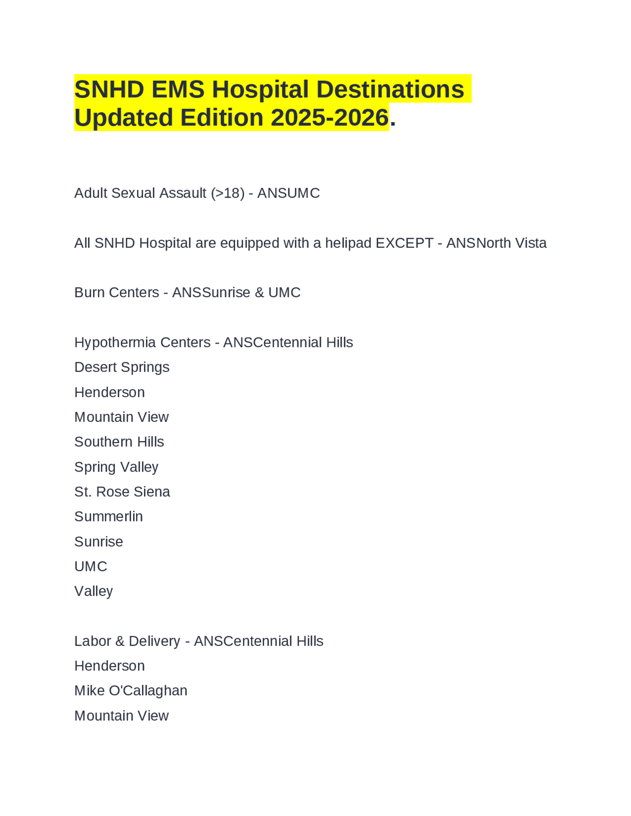 SNHD EMS Hospital Destinations: 2025-2026 | Exams Medical Sciences ...