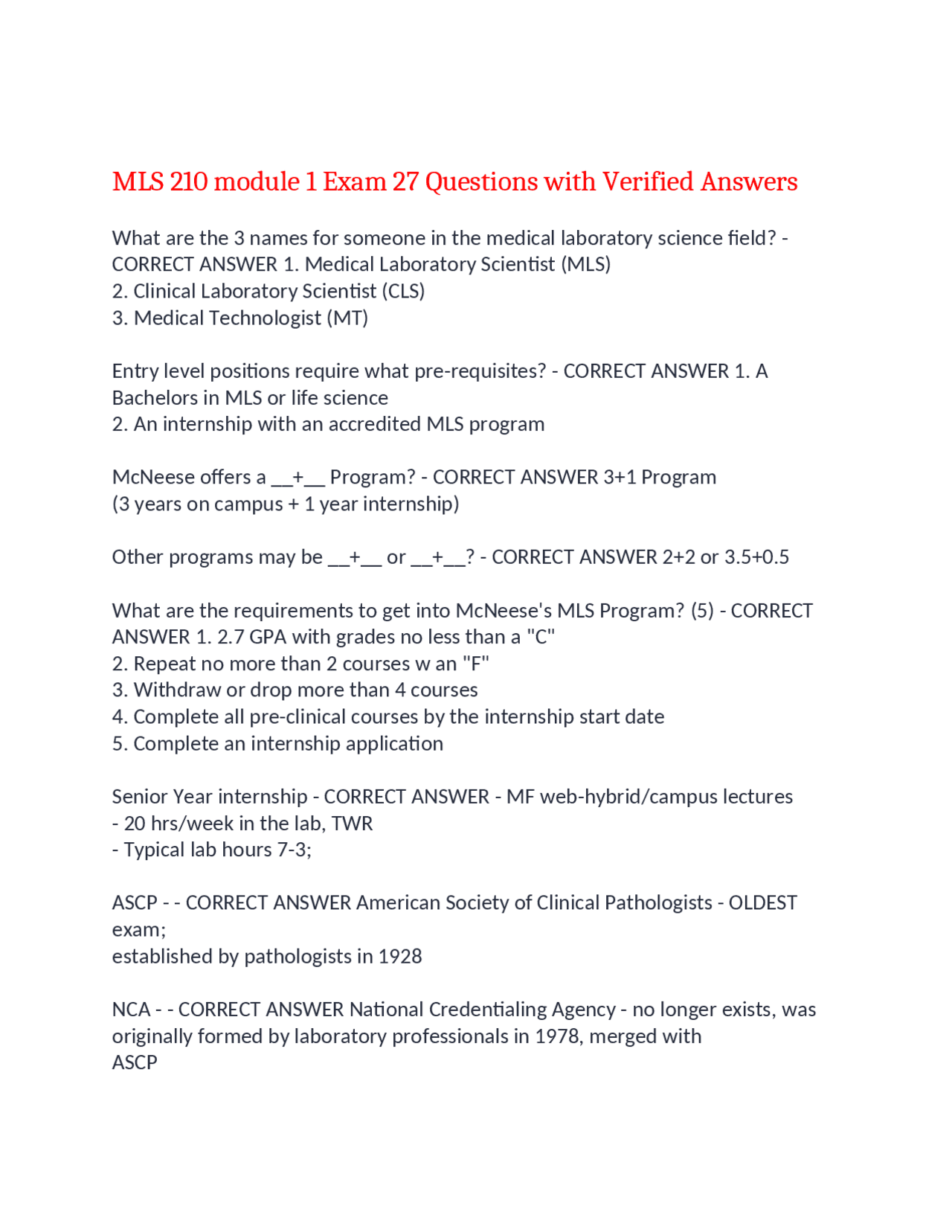 MLS 210 module 1 Exam 27 Questions with Verified Answers,100% CORRECT ...
