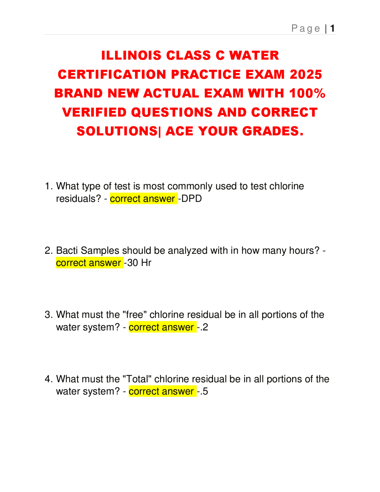 ILLINOIS CLASS C WATER CERTIFICATION PRACTICE EXAM 2025 BRAND NEW ...