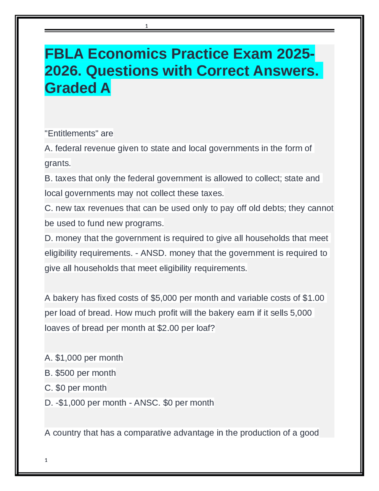 FBLA Economics Practice Exam 2025-2026. Questions with Correct Answers ...