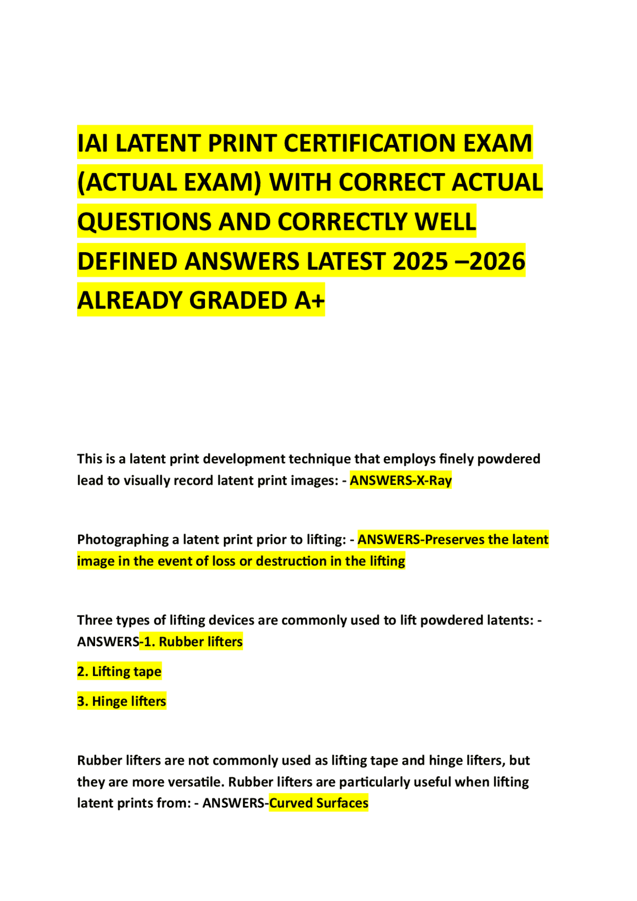 IAI LATENT PRINT CERTIFICATION EXAM (ACTUAL EXAM) WITH CORRECT ACTUAL QUESTIONS | Exams Printing ...