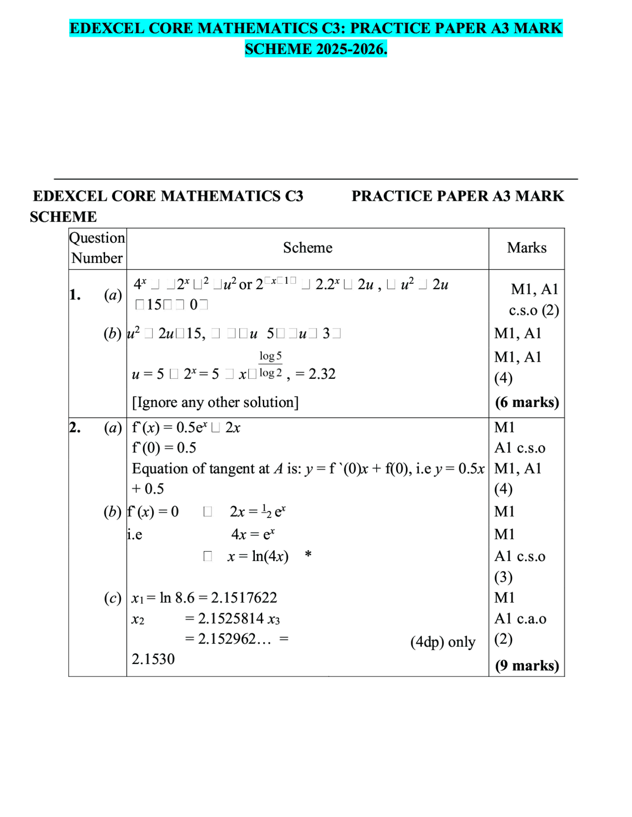EDEXCEL CORE MATHEMATICS C3: PRACTICE PAPER A3 MARK SCHEME 2025-2026 ...