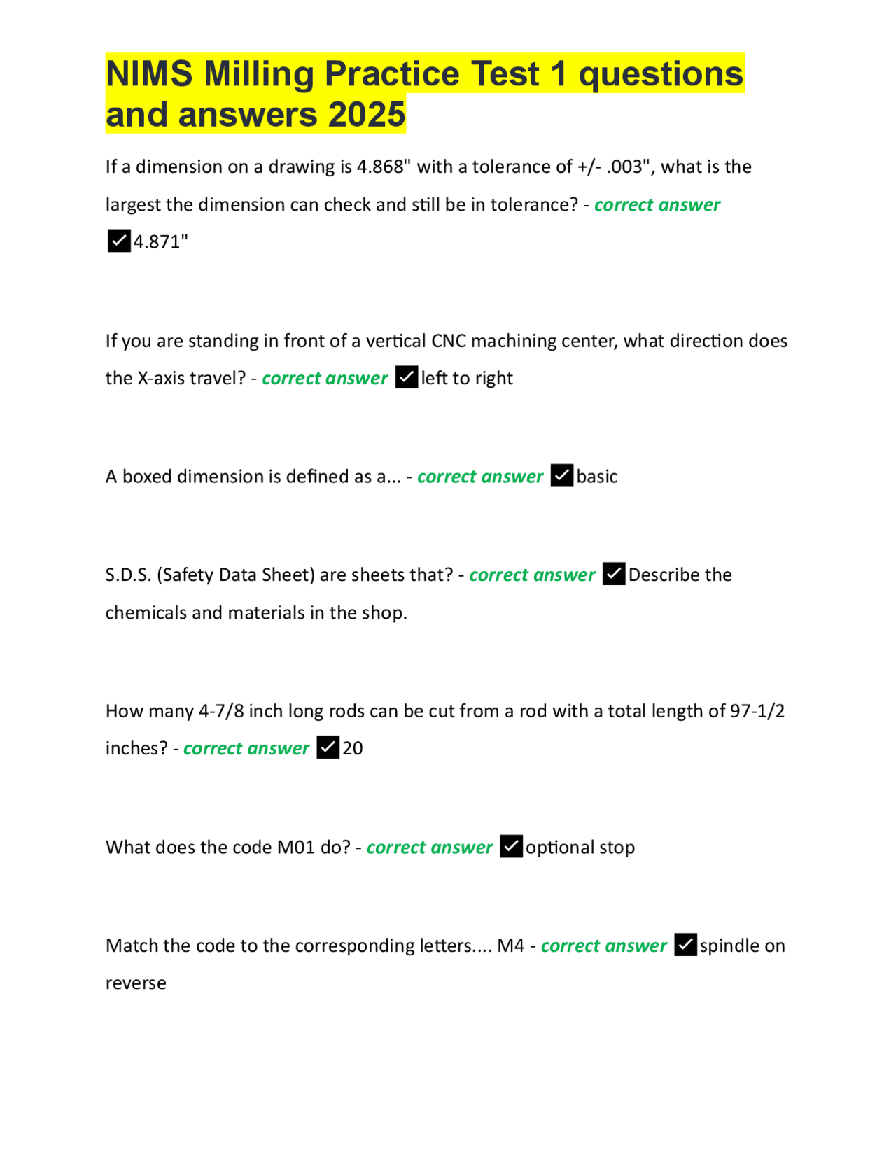 NIMS Milling Practice Test 1 questions and answers 2025. | Exams ...