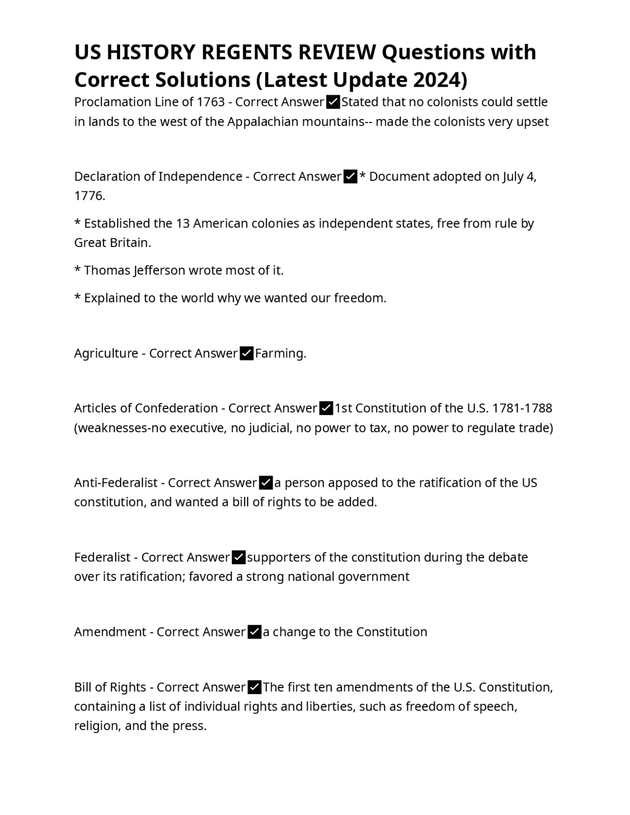 US HISTORY REGENTS REVIEW Questions with Correct Solutions (Latest ...
