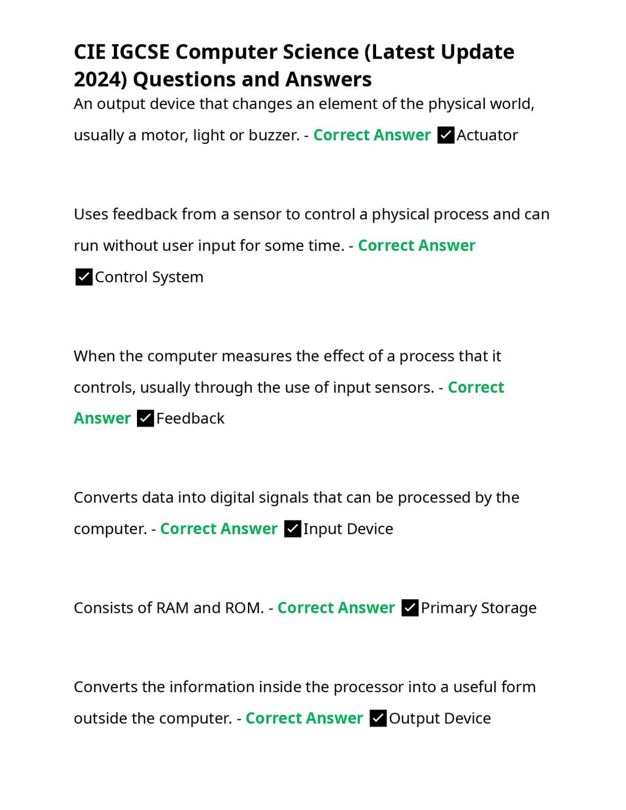 CIE IGCSE Computer Science (Latest Update 2024) Questions and Answers ...