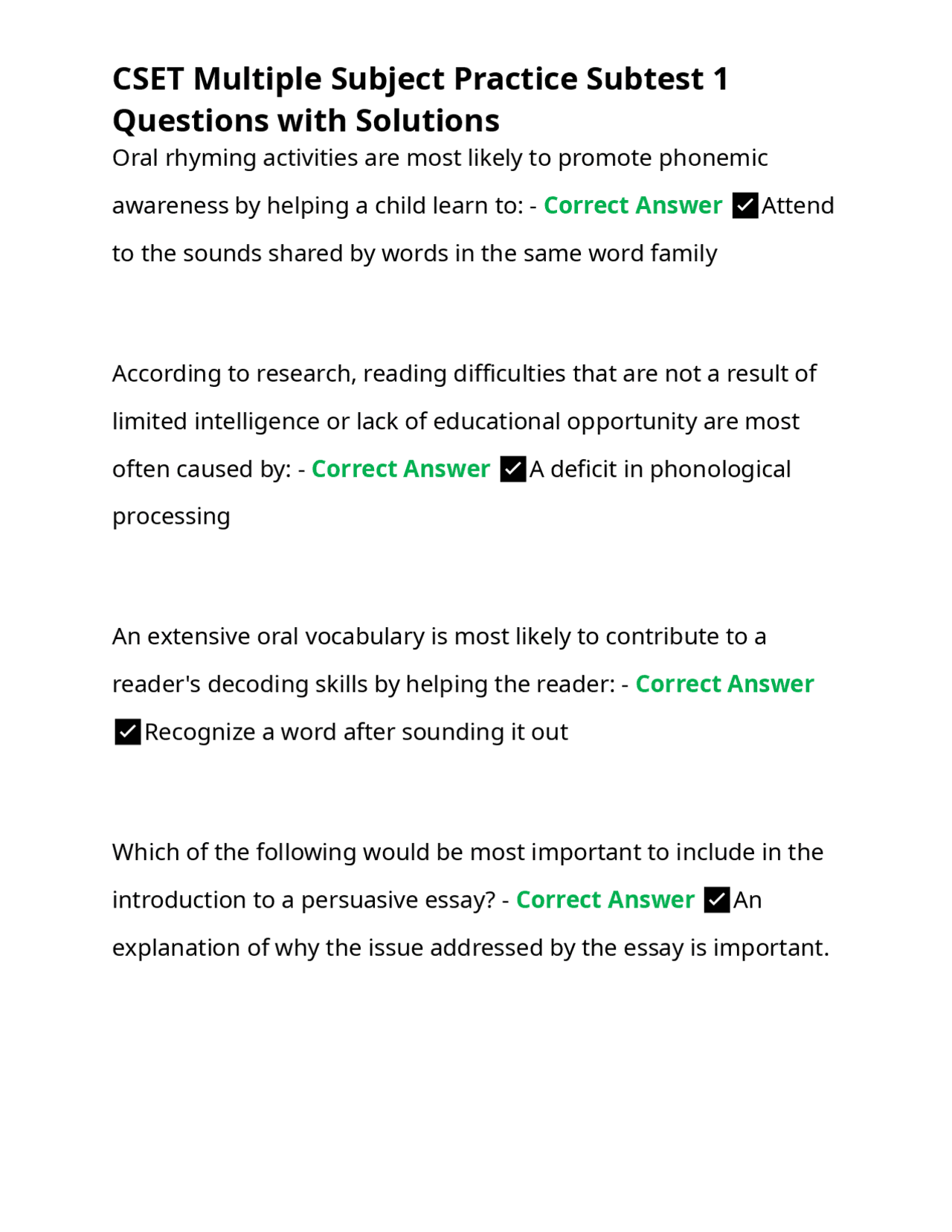 CSET Multiple Subject Practice Subtest 1: Questions and Solutions ...