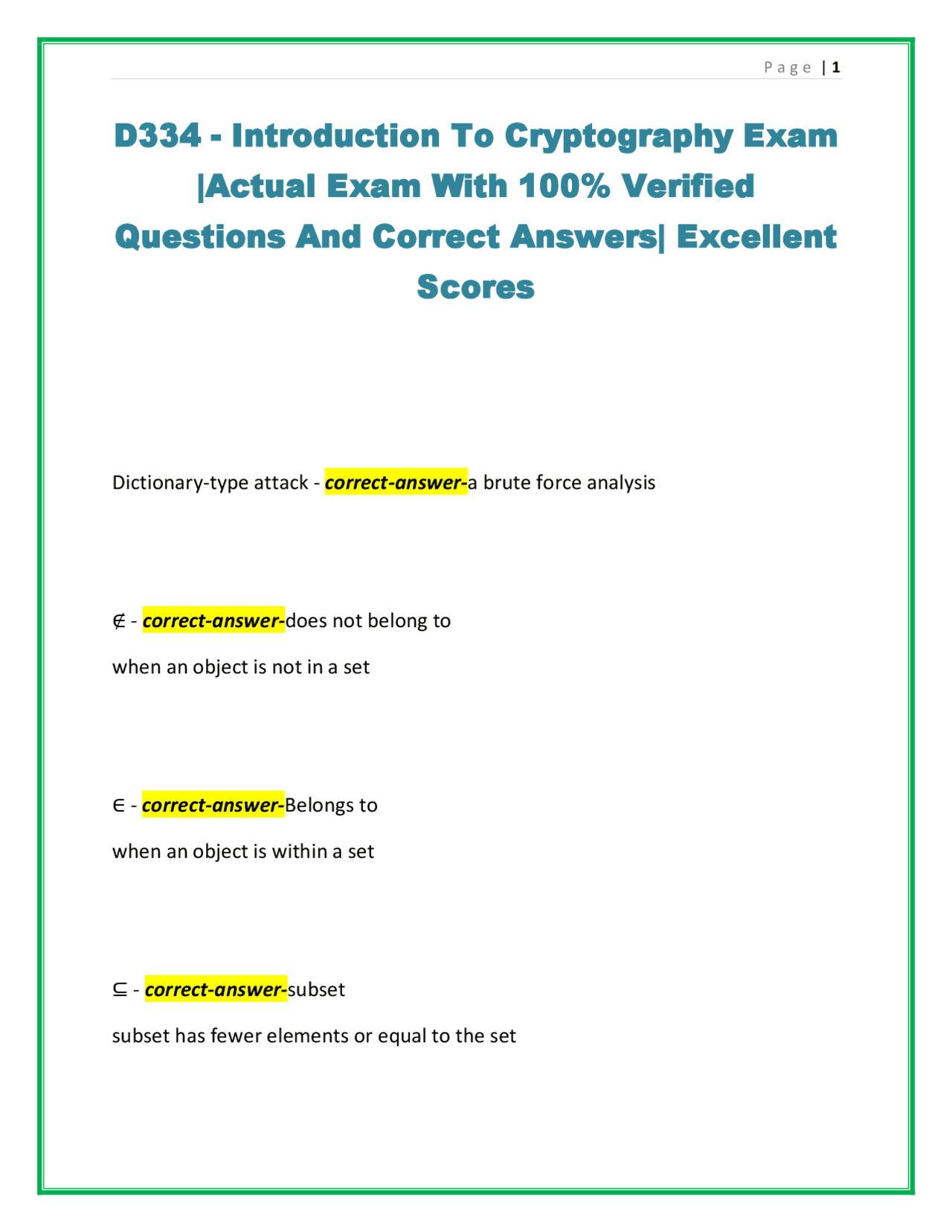D334 - Introduction To Cryptography Exam |Actual Exam With 100% Verified Questions | Exams ...