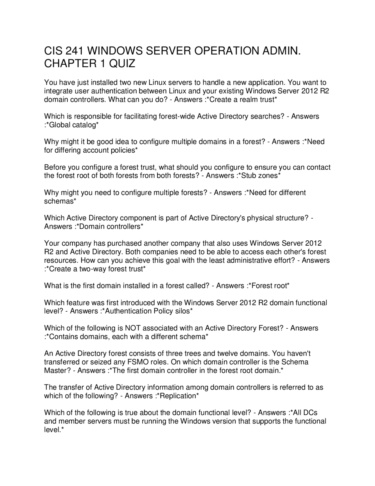 CIS 241 Windows Server Active Directory Quiz: Questions and Answers ...