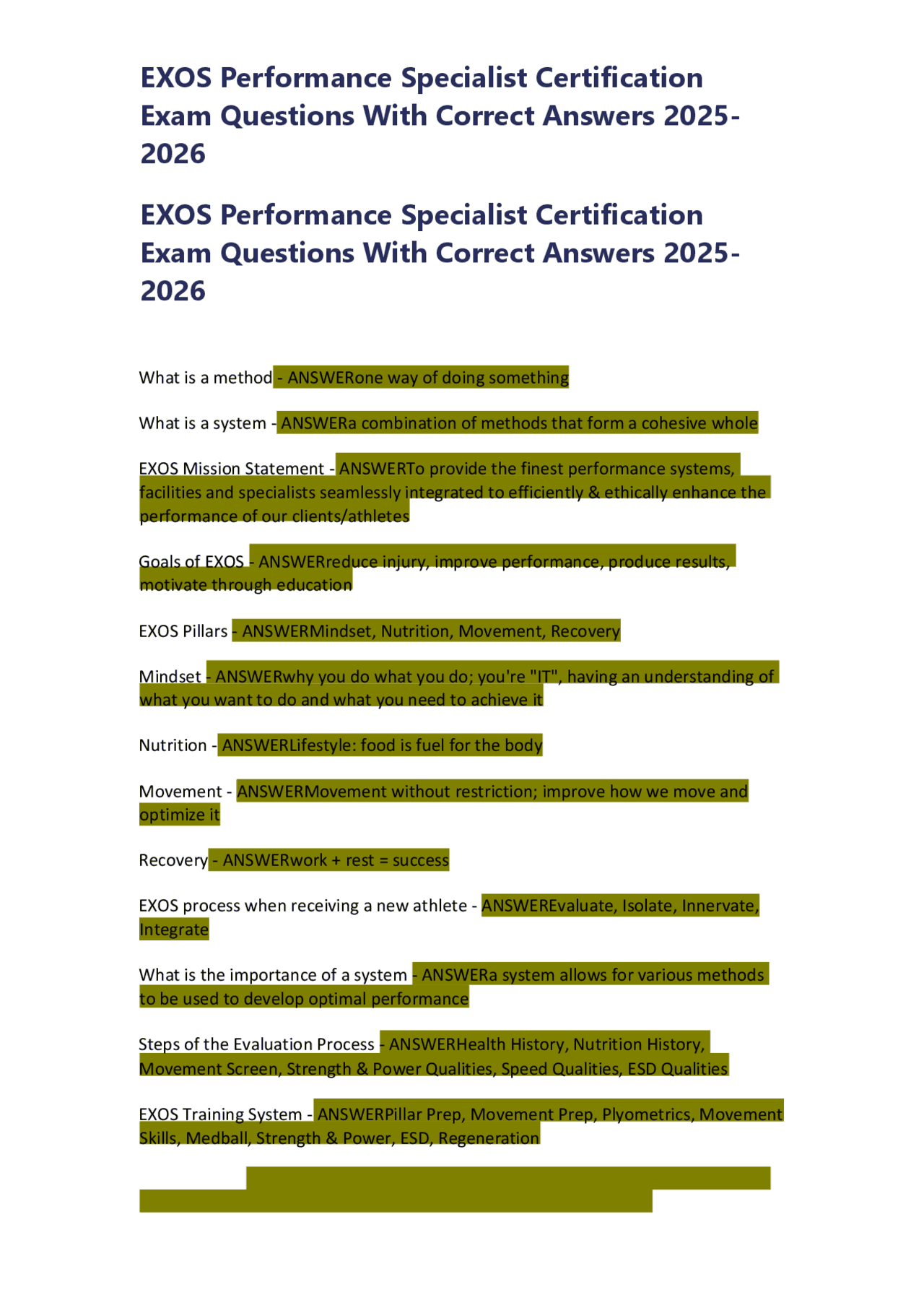 EXOS Performance Specialist Certification Exam Questions With Correct ...