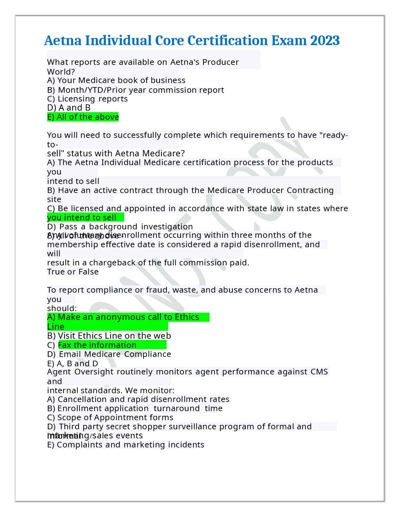 Aetna Individual Core Certification Exam 2023 | Exams Nursing | Docsity