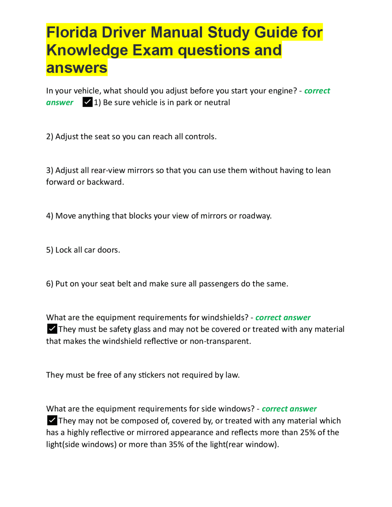 Florida Driver Manual Study Guide for Knowledge Exam | Exercises ...