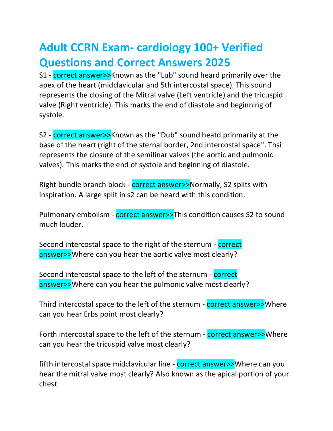 Adult CCRN Exam- cardiology 100+ Verified Questions and Correct Answers ...