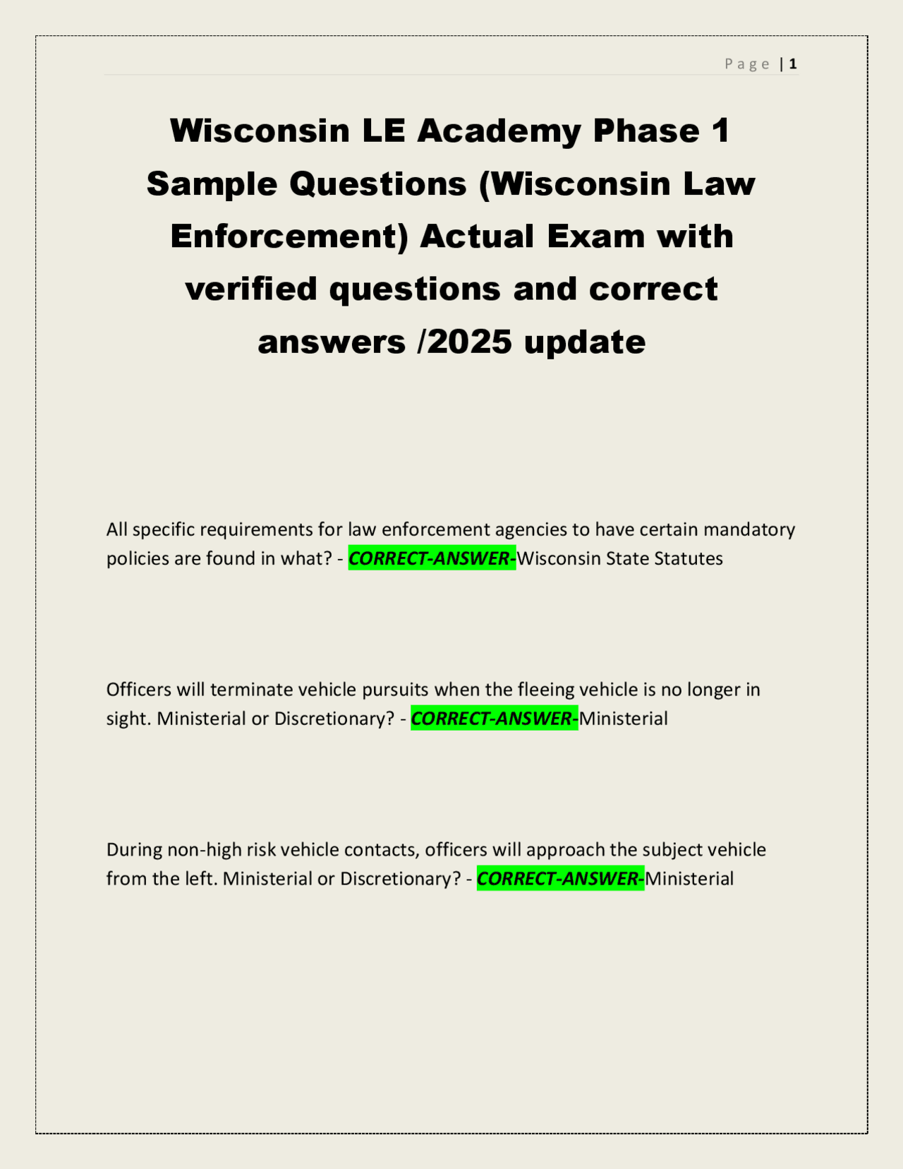 Wisconsin LE Academy Phase 1 Sample Questions (Wisconsin Law ...
