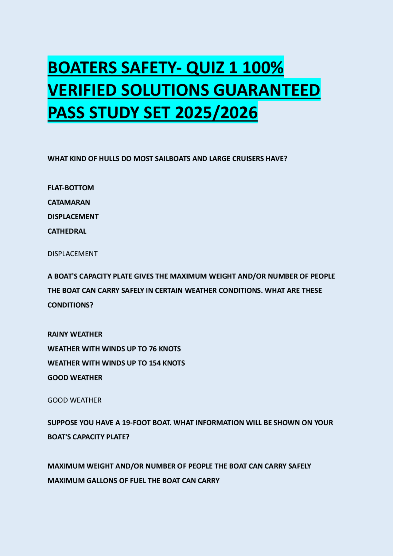 BOATERS SAFETY- QUIZ 1 100% VERIFIED SOLUTIONS GUARANTEED PASS STUDY ...