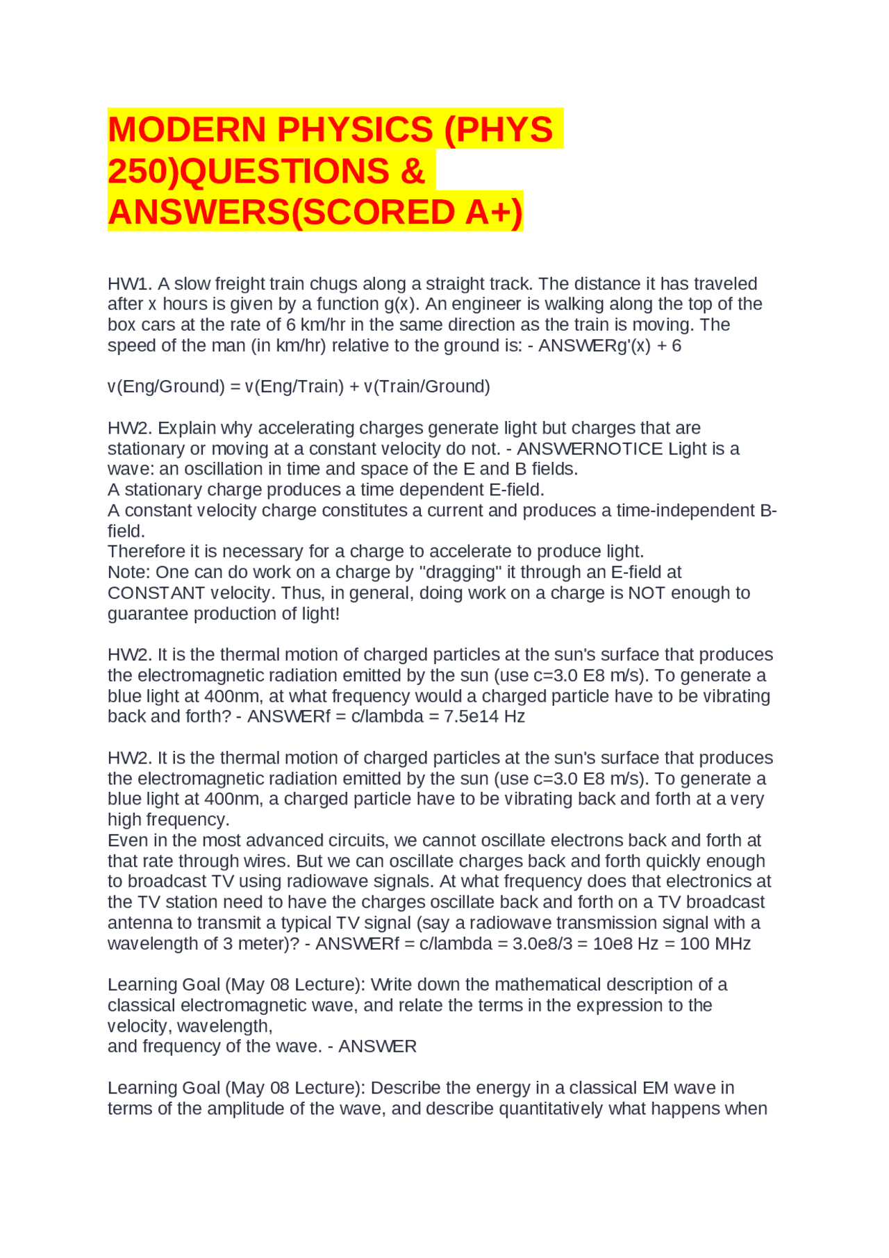 MODERN PHYSICS (PHYS 250)QUESTIONS & ANSWERS(SCORED A+) | Exams Physics ...