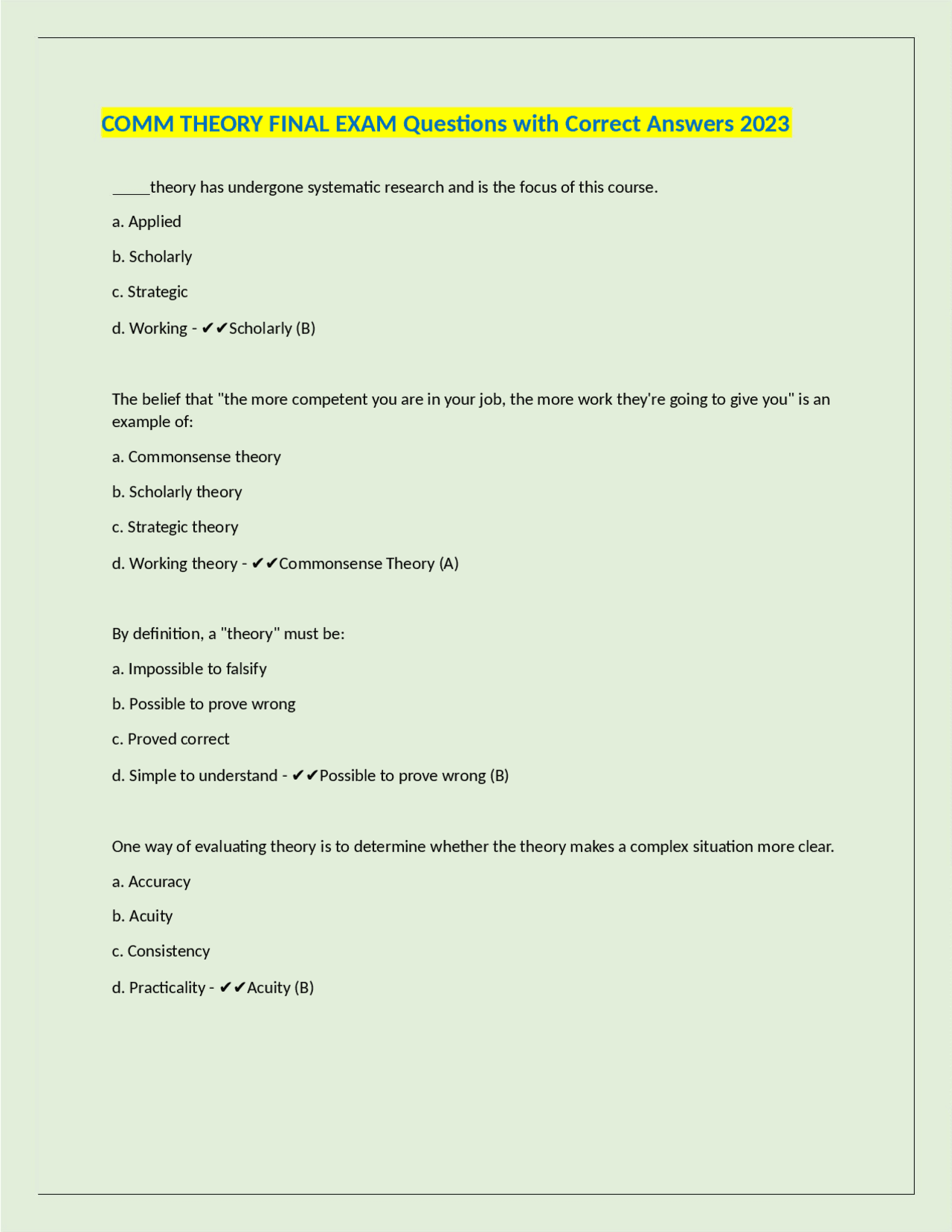 COMM THEORY FINAL EXAM Questions with Correct Answers | Exams Nursing | Docsity