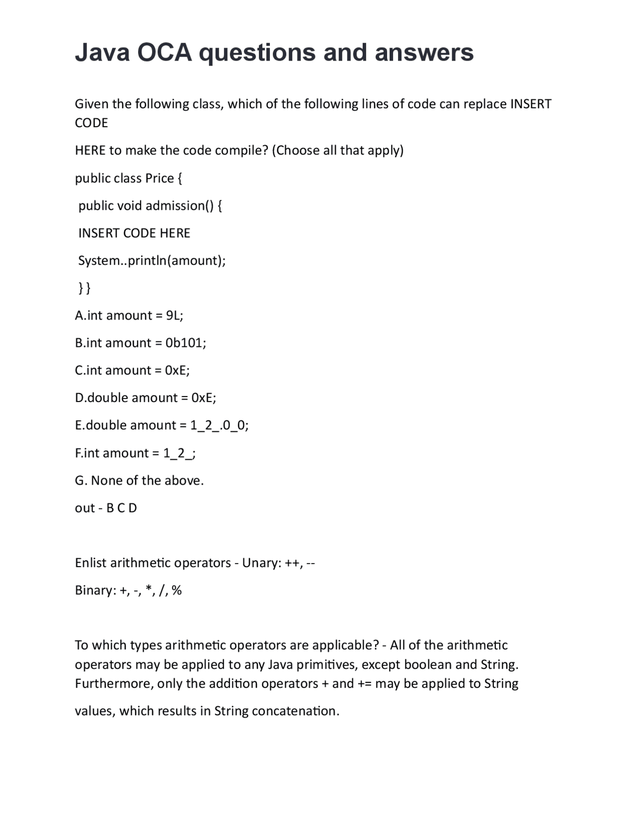 Java OCA questions and answers | Exams Nursing | Docsity