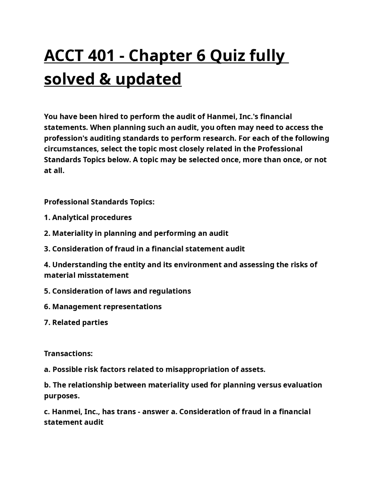 ACCT 401 Chapter 6 Quiz: Auditing Financial Statements | Exams Biology | Docsity