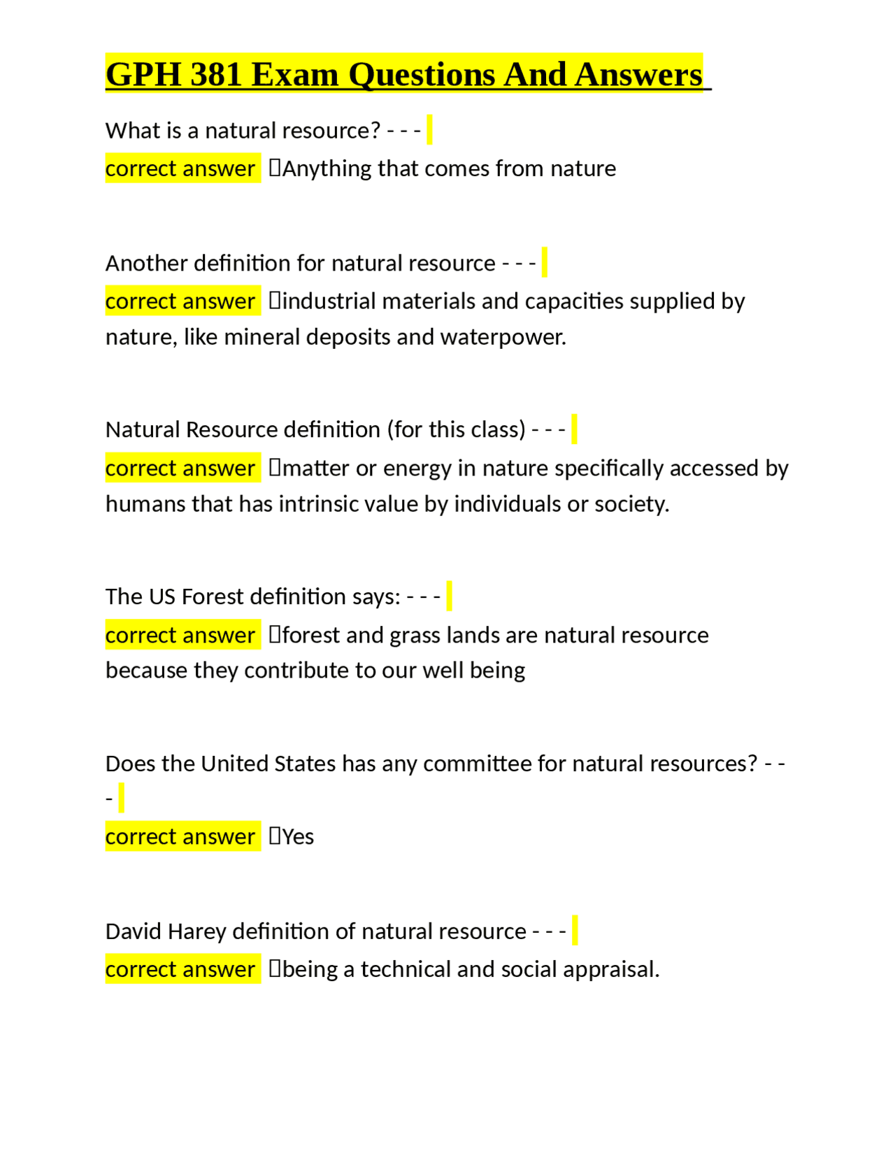 GPH 381 Exam Questions & Answers: Resources, Systems, Sustainability | Exams Earth Sciences ...