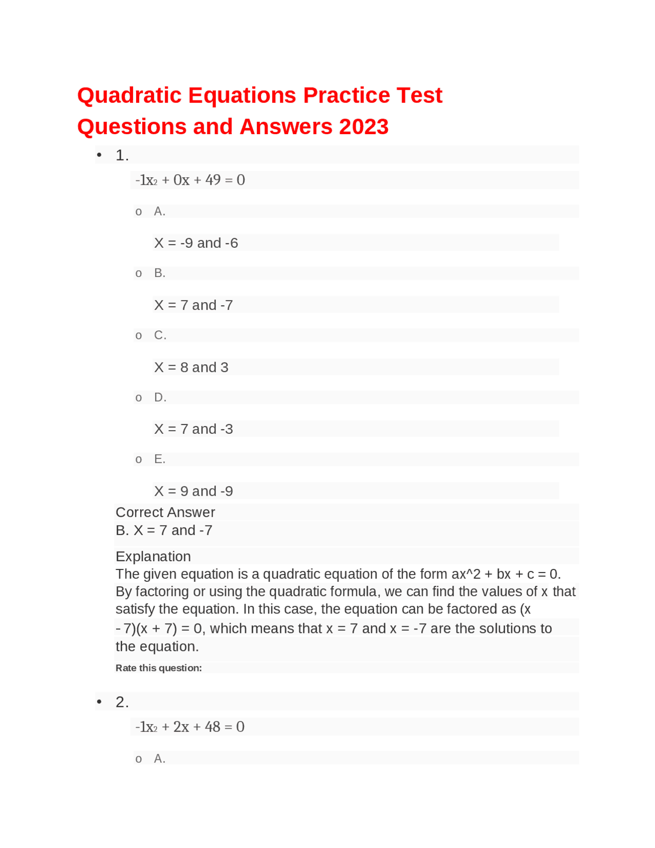 Quadratic Equations: Practice Test with Solutions | Exams Nursing | Docsity