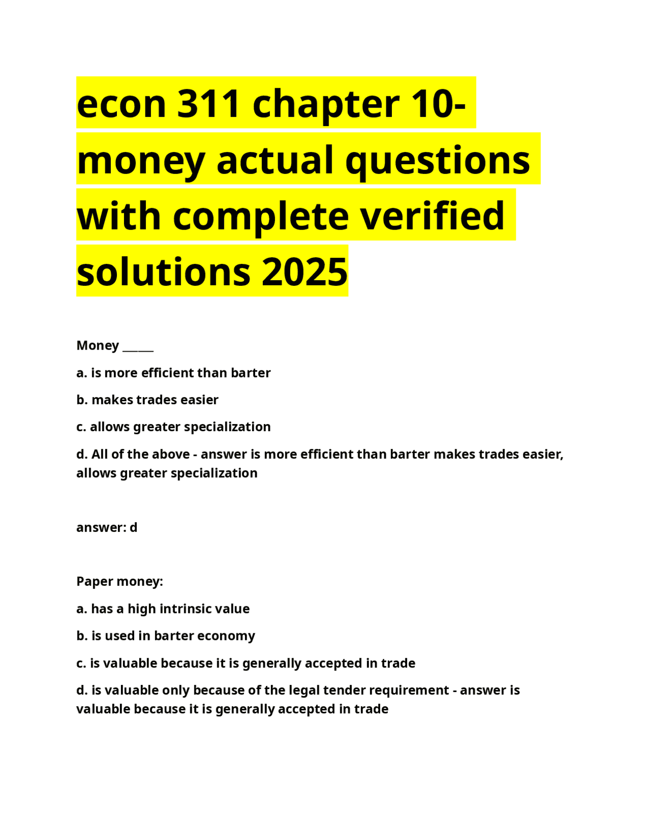 econ 311 chapter 10- money actual questions with complete verified ...