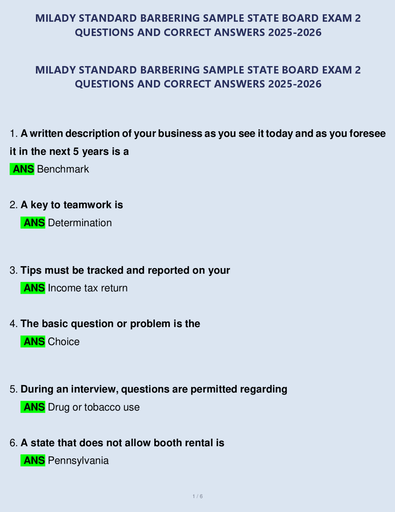 Milady Standard Barbering Sample State Board Exam Questions and Answers ...