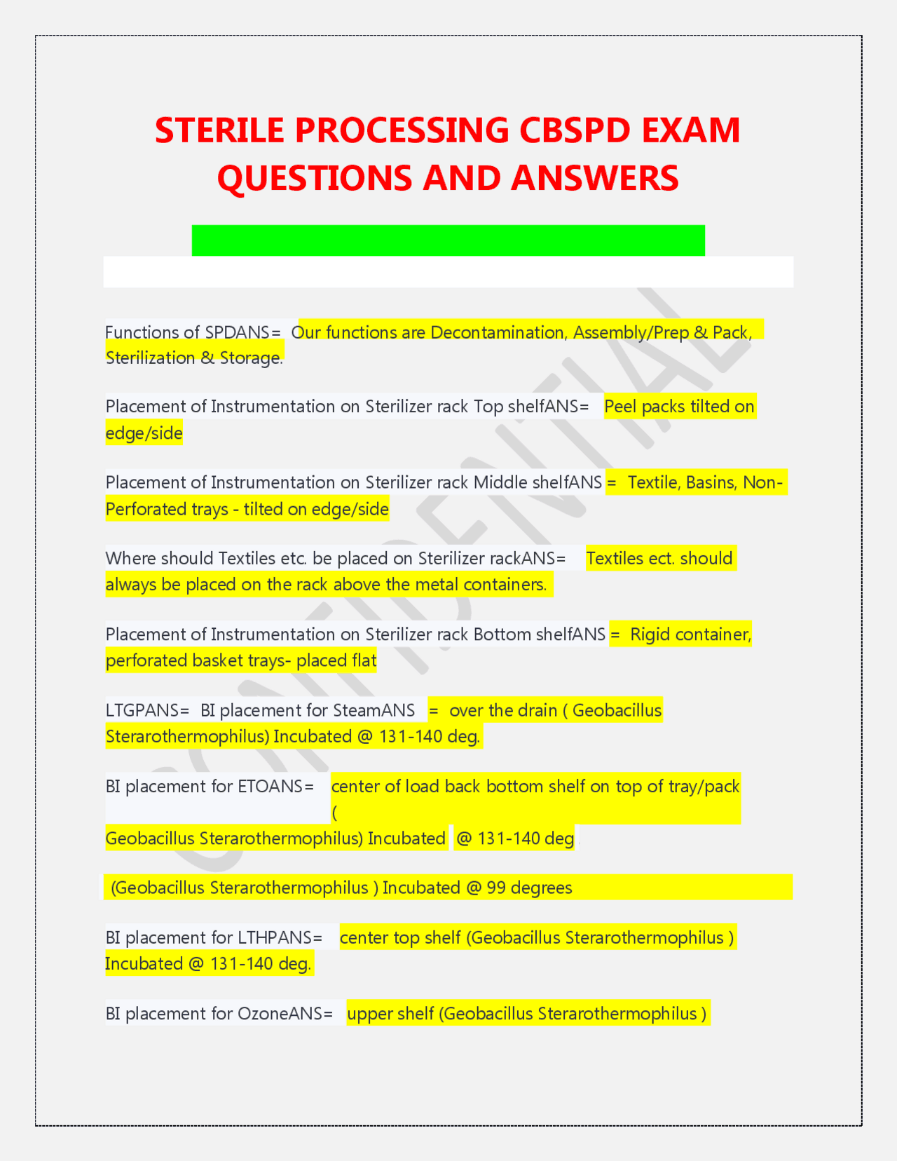 STERILE PROCESSING CBSPD EXAM QUESTIONS AND ANSWERS.pdf | Exams Nursing | Docsity