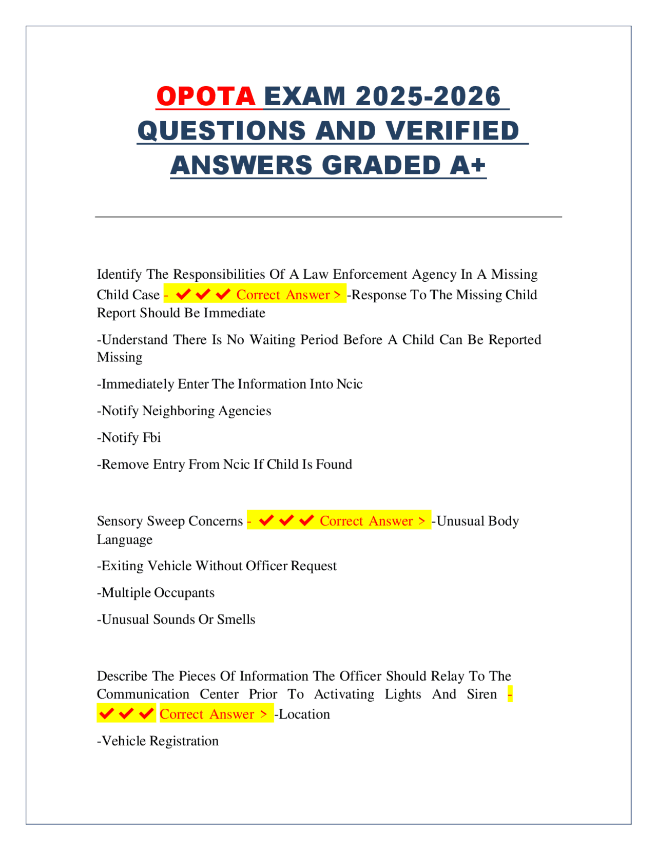 OPOTA EXAM 2025-2026 QUESTIONS AND VERIFIED ANSWERS GRADED A+ | Exams ...