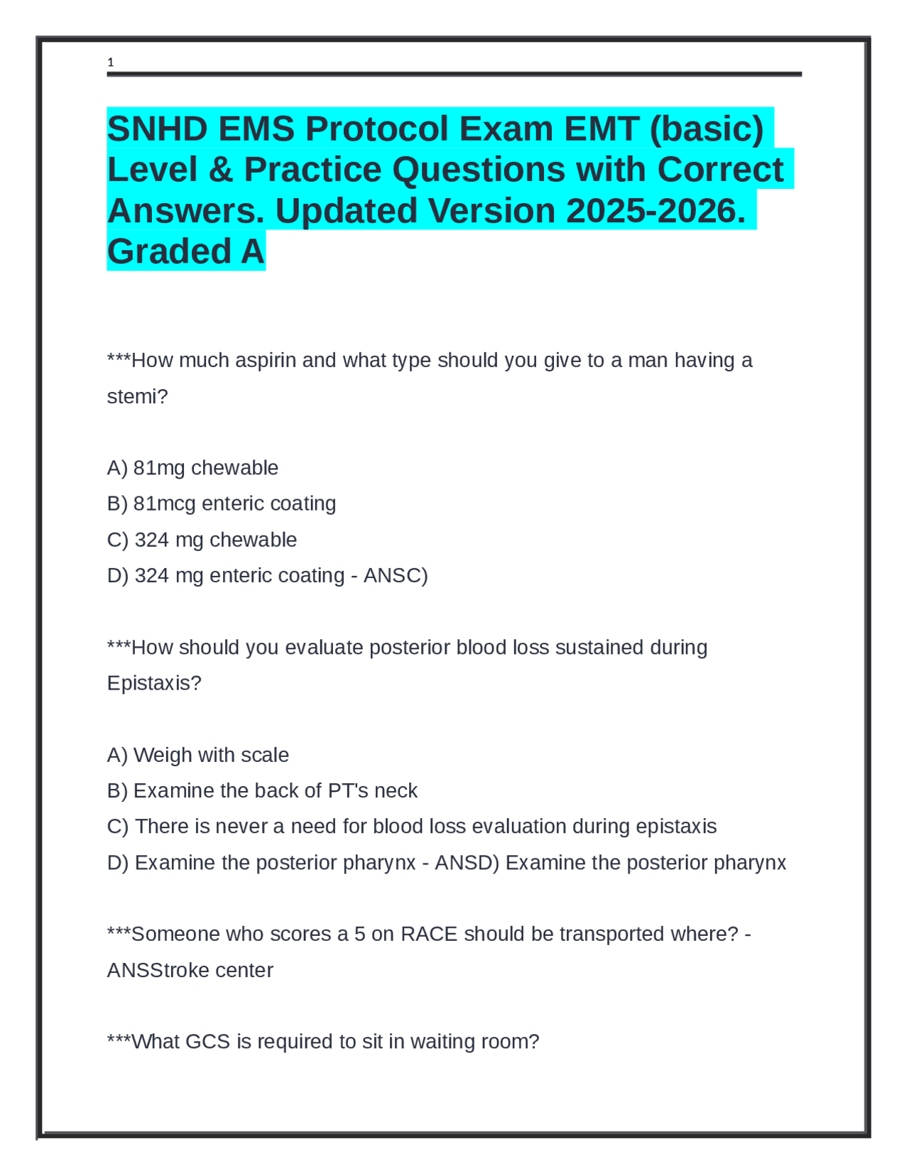 SNHD EMS Protocol Exam EMT (basic) Level & Practice Questions with ...