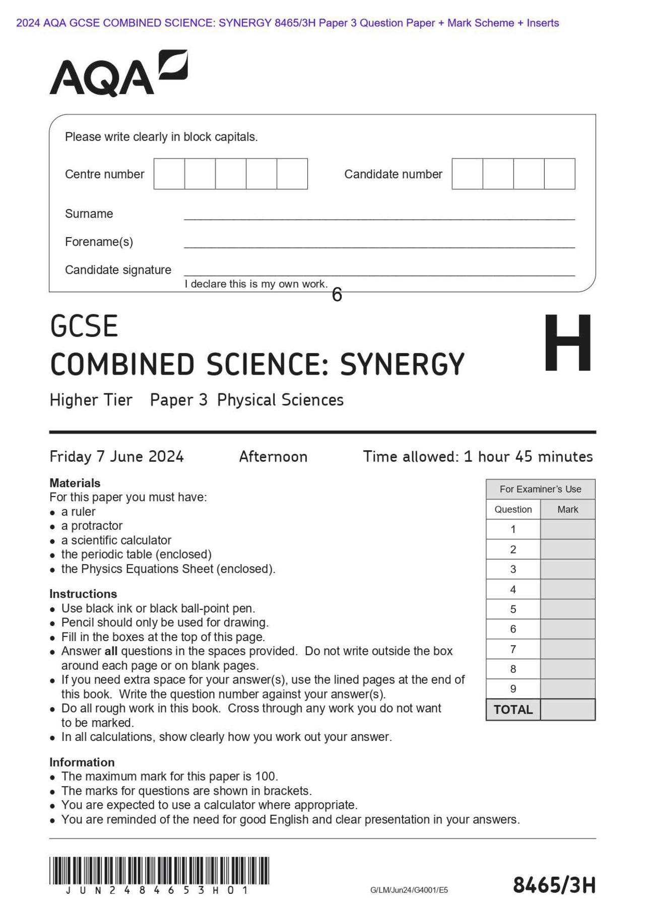 2024 AQA GCSE COMBINED SCIENCE: SYNERGY 8465/3H Paper 3 Question Paper + Mark Scheme + Ins ...