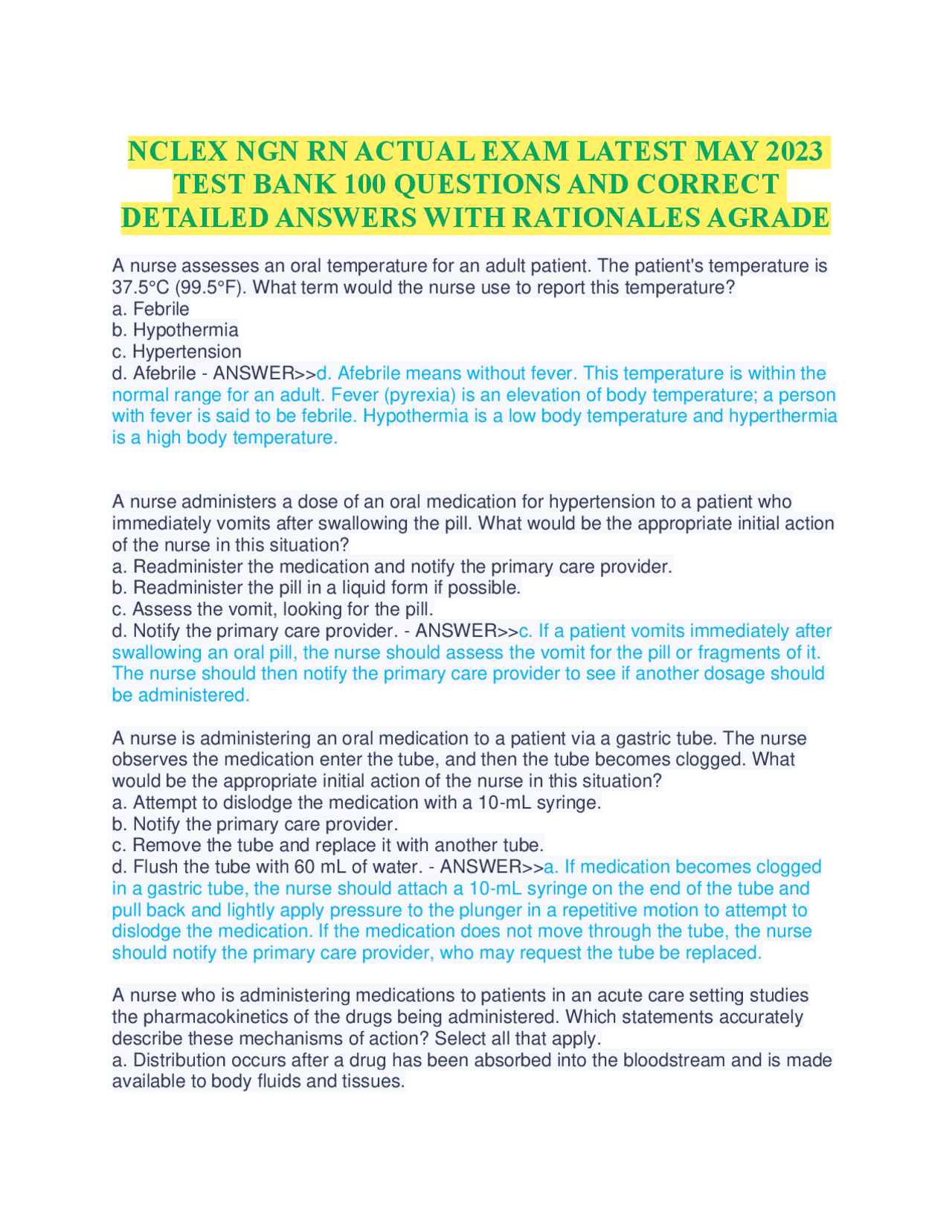 NCLEX NGN RN ACTUAL EXAM LATEST MAY 2023 TEST BANK 100 QUESTIONS AND ...