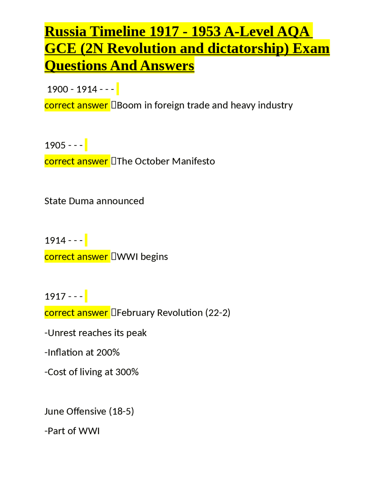 Russia Timeline 1917 - 1953 A-Level AQA GCE (2N Revolution and ...