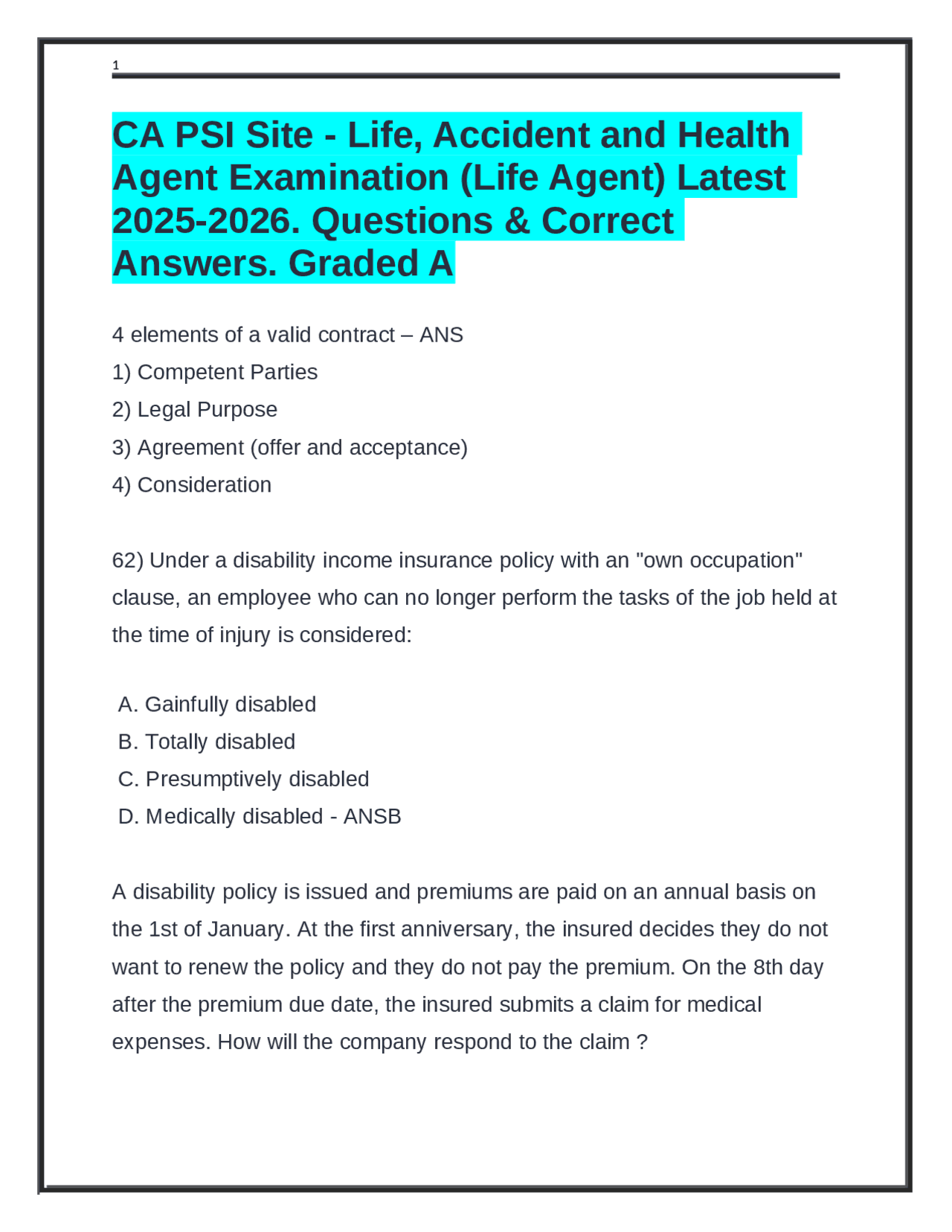 CA PSI Site - Life, Accident and Health Agent Examination (Life Agent ...