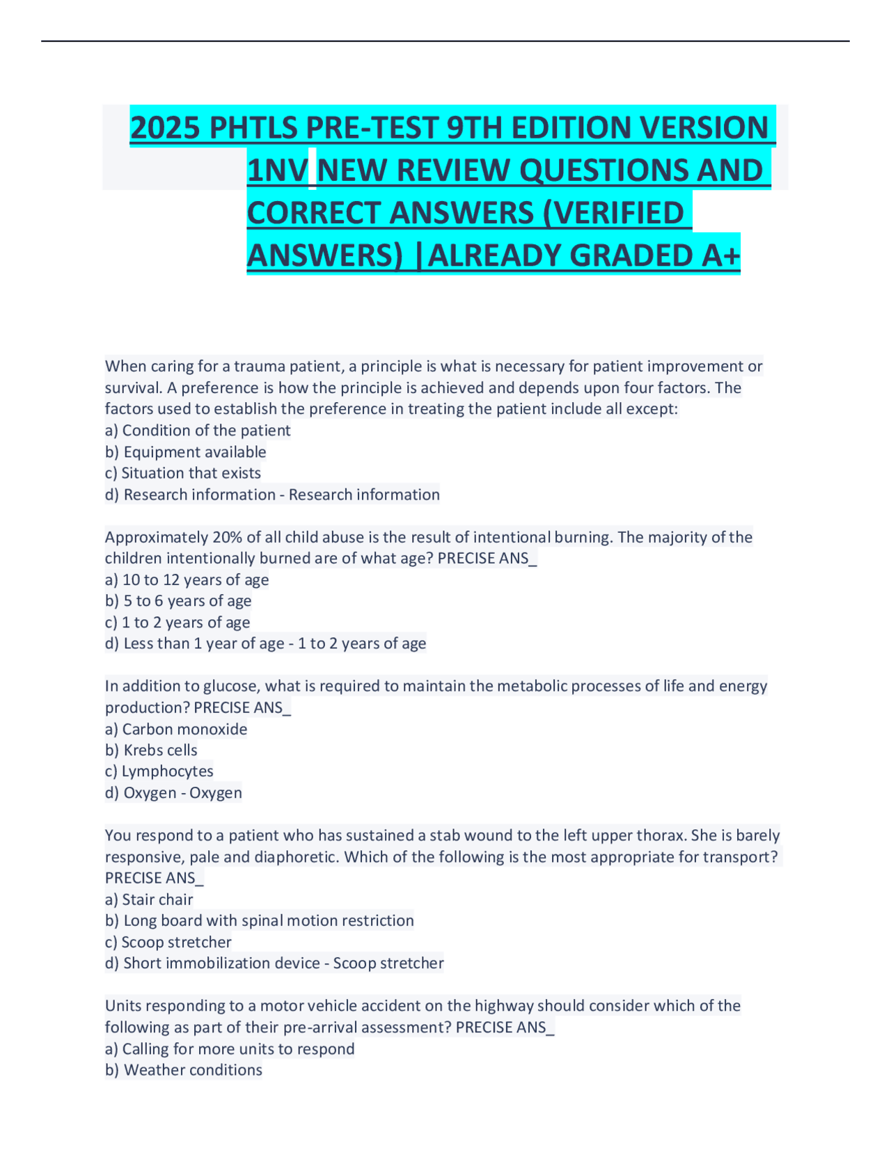 2025 PHTLS Pre-Test 9th Edition Version 1NV – Review Questions and ...