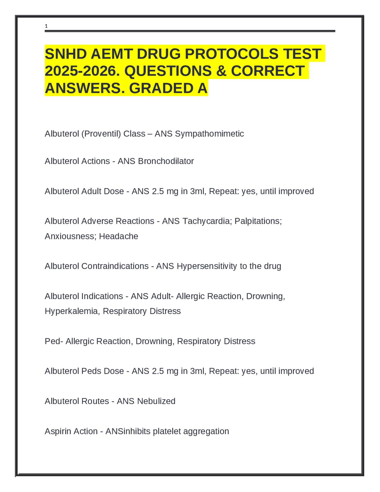 SNHD AEMT DRUG PROTOCOLS TEST 2025-2026. QUESTIONS & CORRECT ANSWERS ...